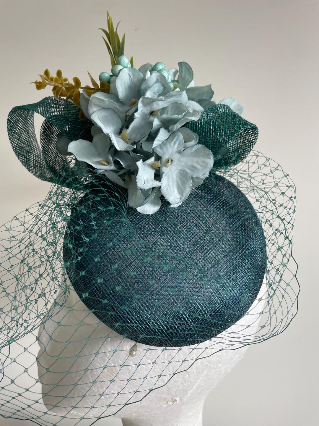 Teal Green Fascinator With Netting, Loops and Flowers. New Design! - Etsy