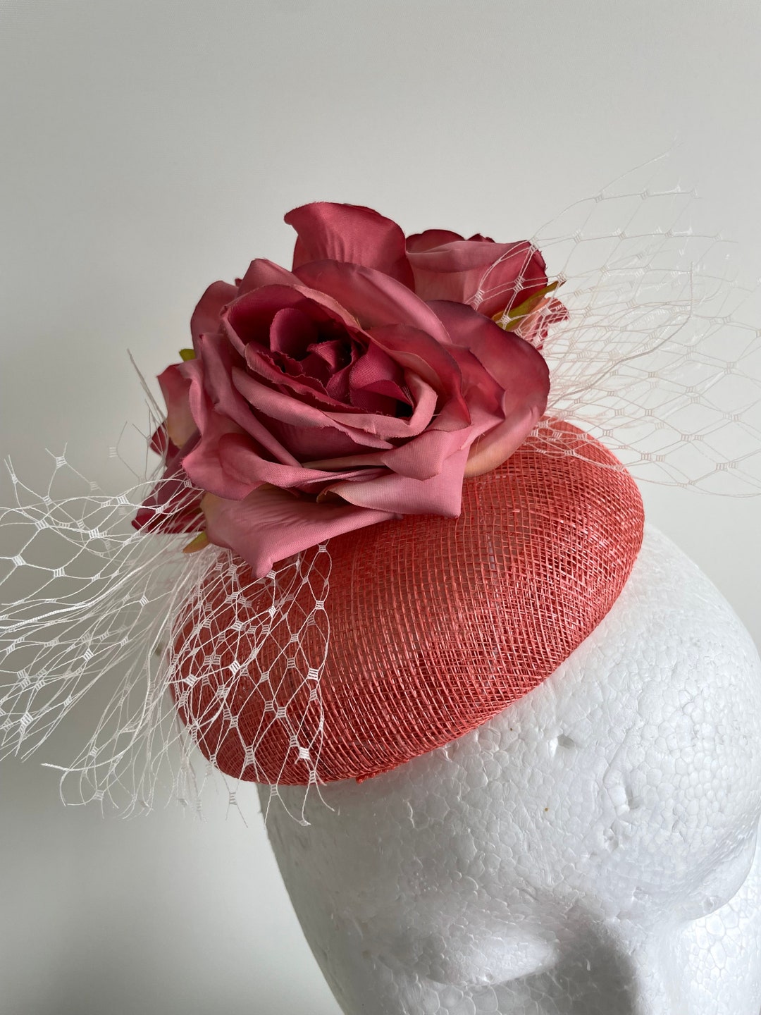New Coral Fascinator With Flower and Cream Netting! - Etsy
