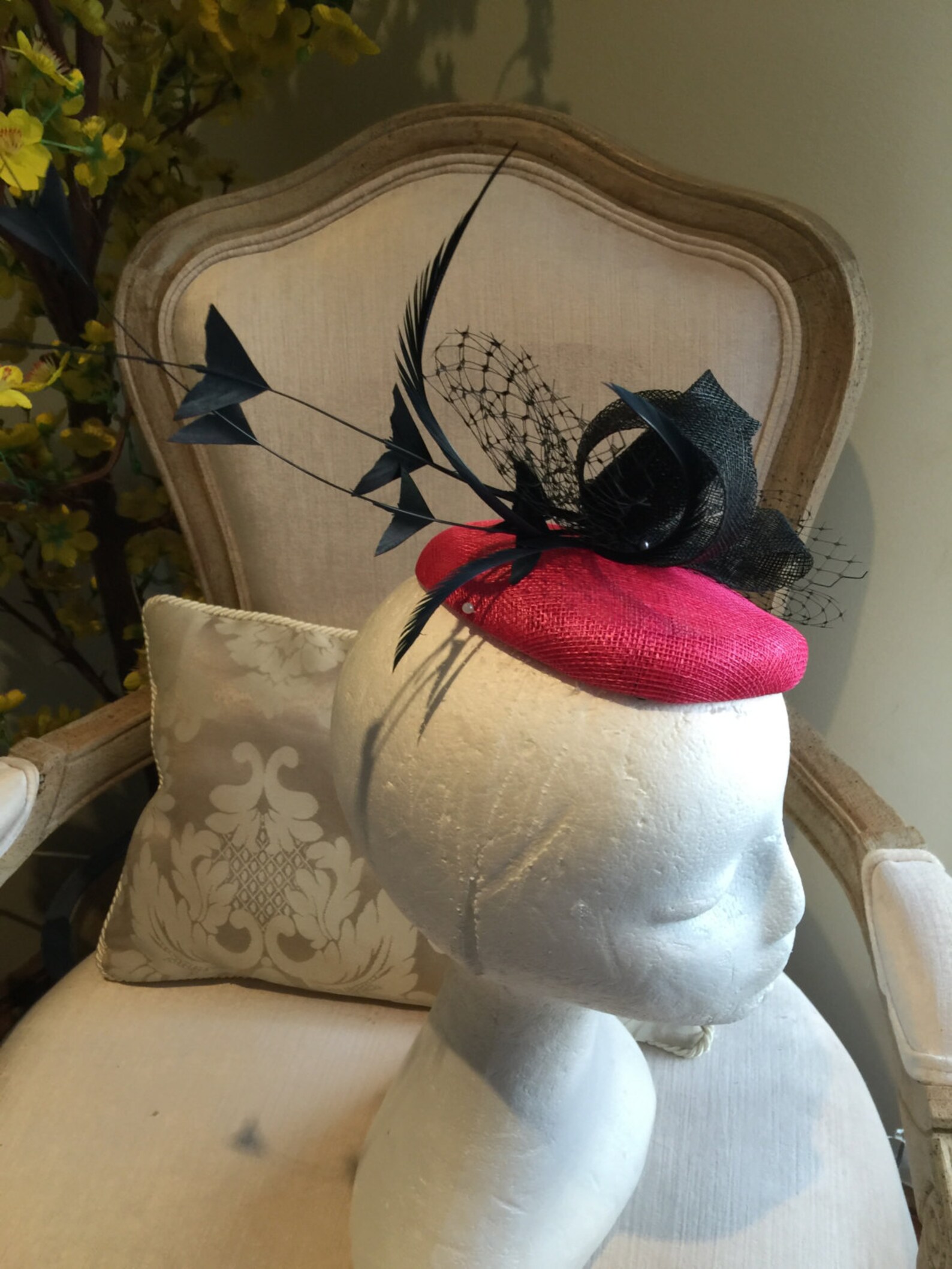 Beautiful Hot Pink Fascinator Base With Black Loops, Netting and ...