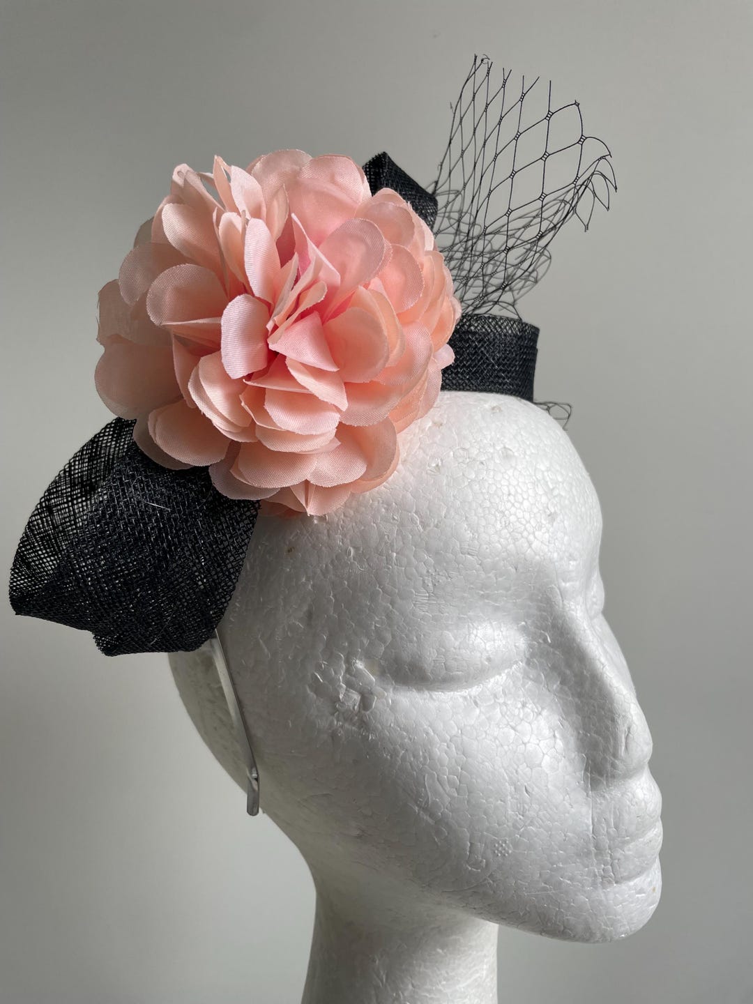 Black Loop Fascinator With Netting and Pink Flower on a Silver Headband ...