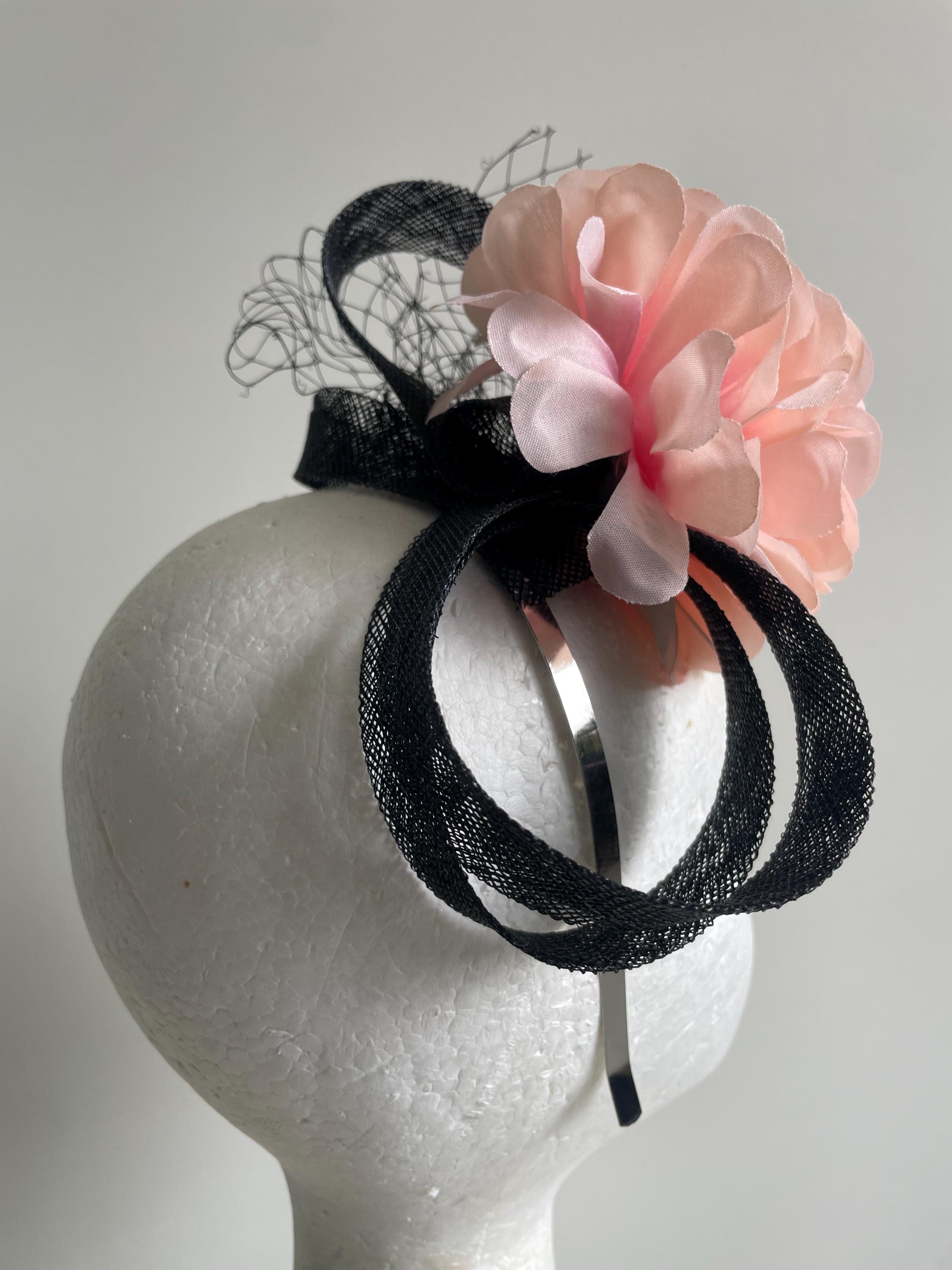 Black Loop Fascinator With Netting and Pink Flower on a Silver Headband ...