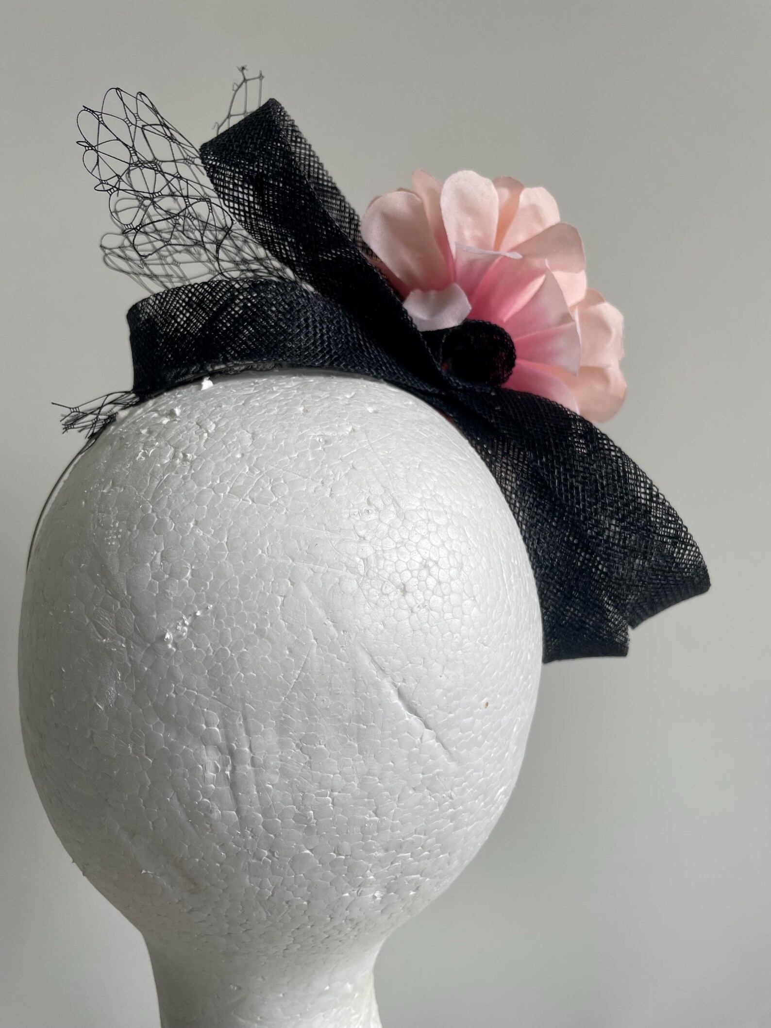 Black Loop Fascinator With Netting and Pink Flower on a Silver Headband ...