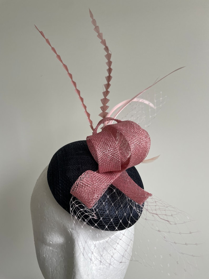 Navy Fascinator With Round Base and Pink Loops Netting and - Etsy