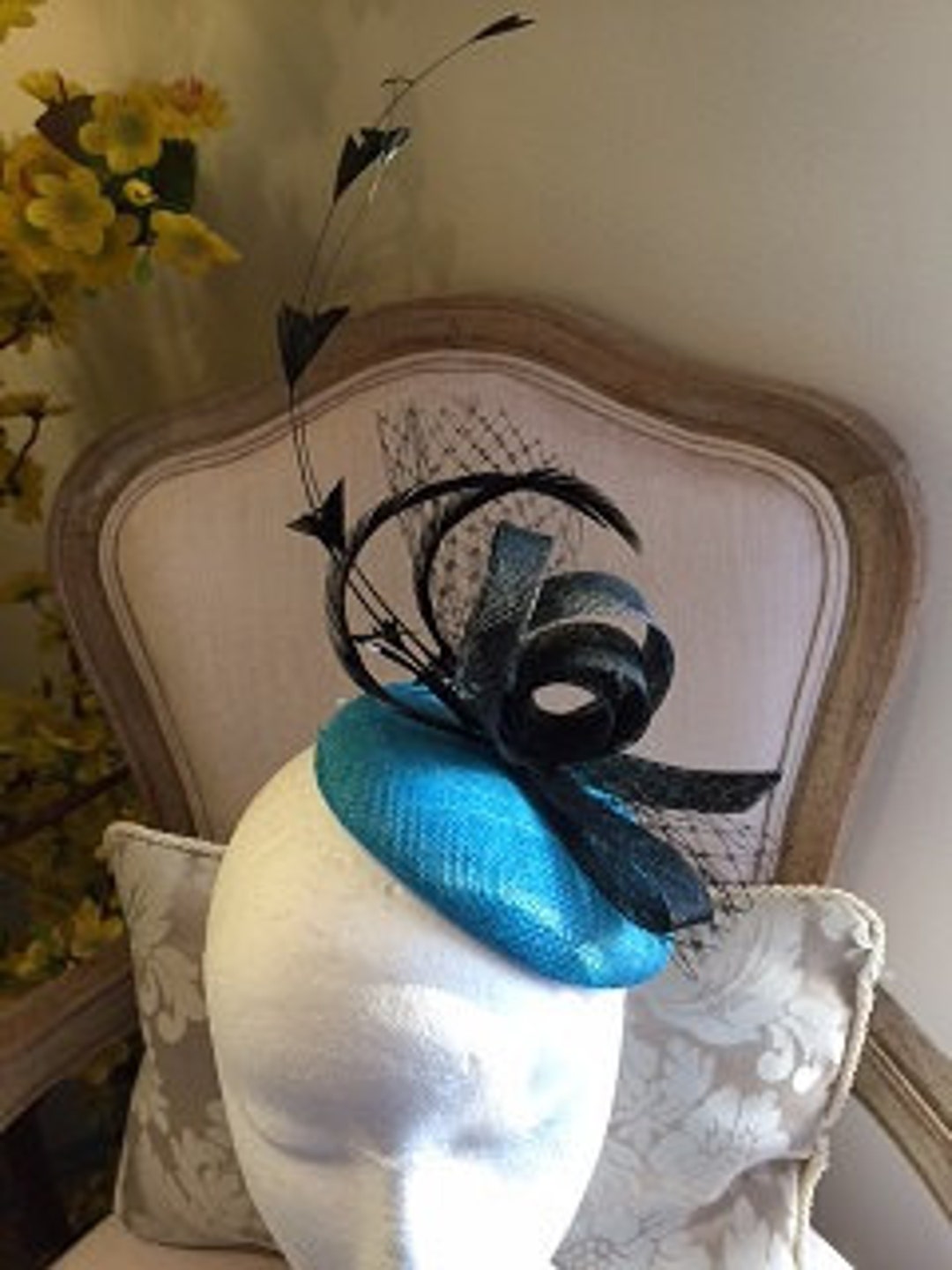 Beautiful Turquoise Blue Fascinator Base With Black Loops, Netting and ...