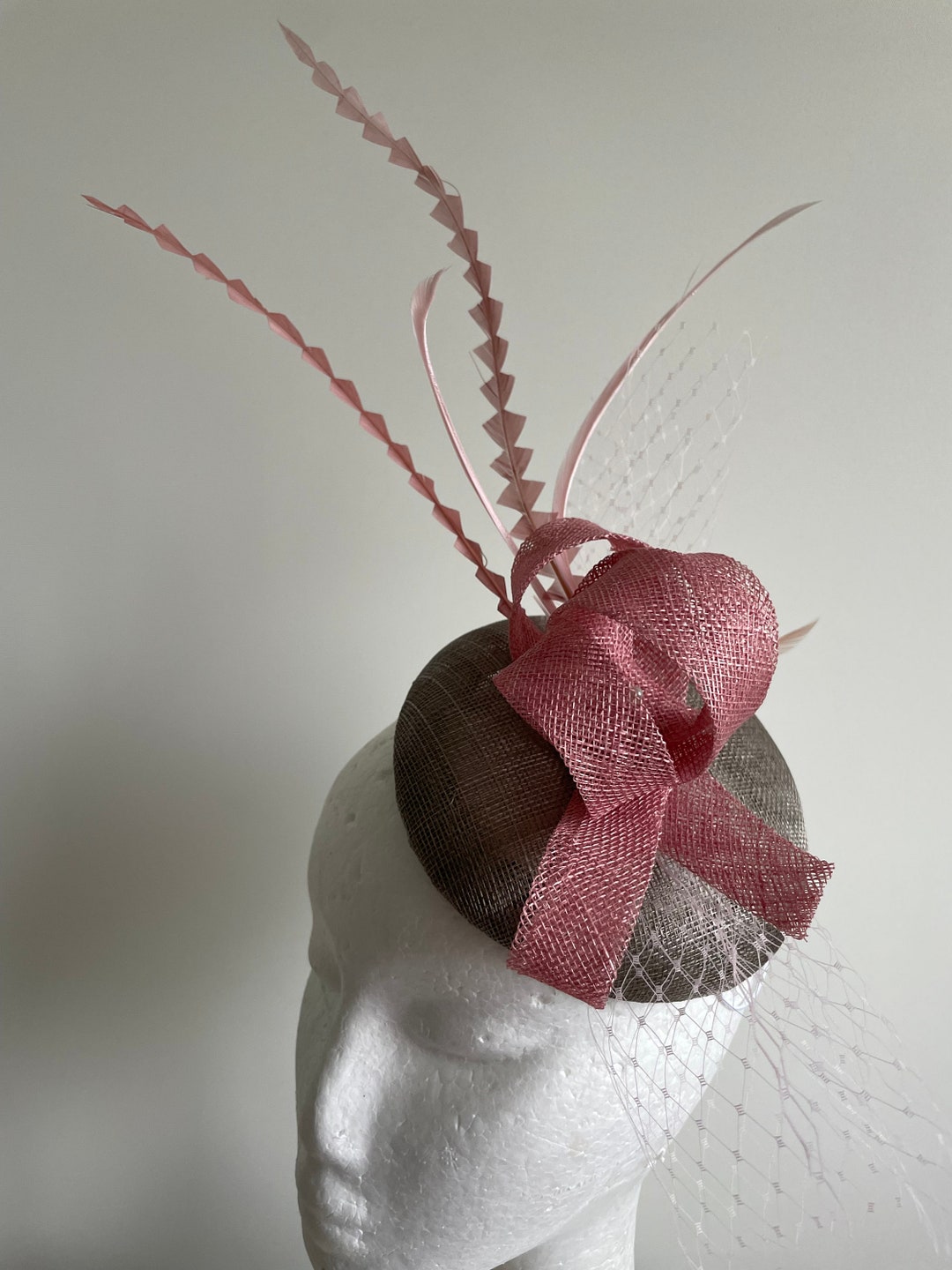 Silver Fascinator With Round Base and Pink Loops, Netting and Feathers ...