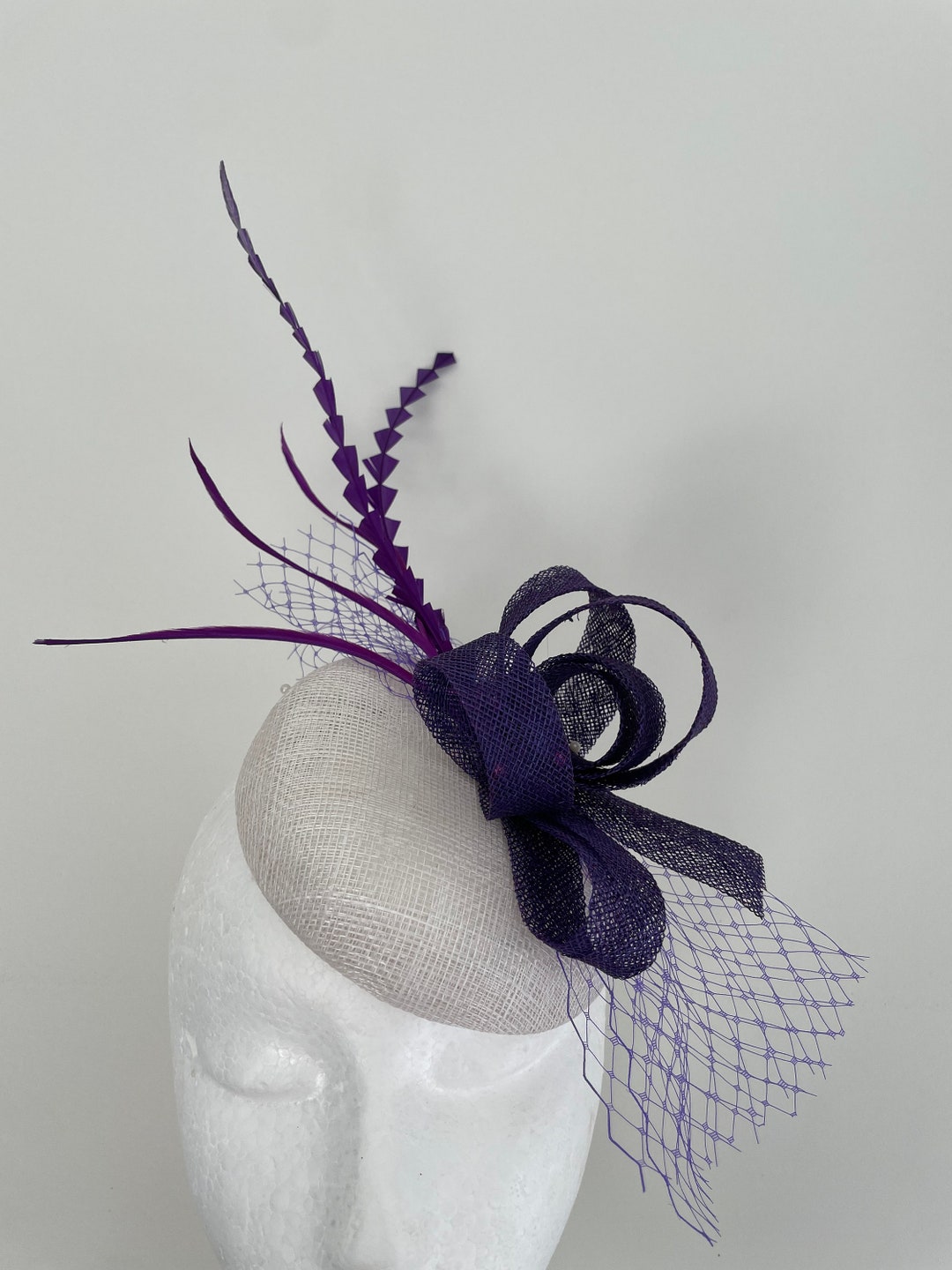 White Fascinator Base With Purple Loops, Netting and Feathers. Made to ...