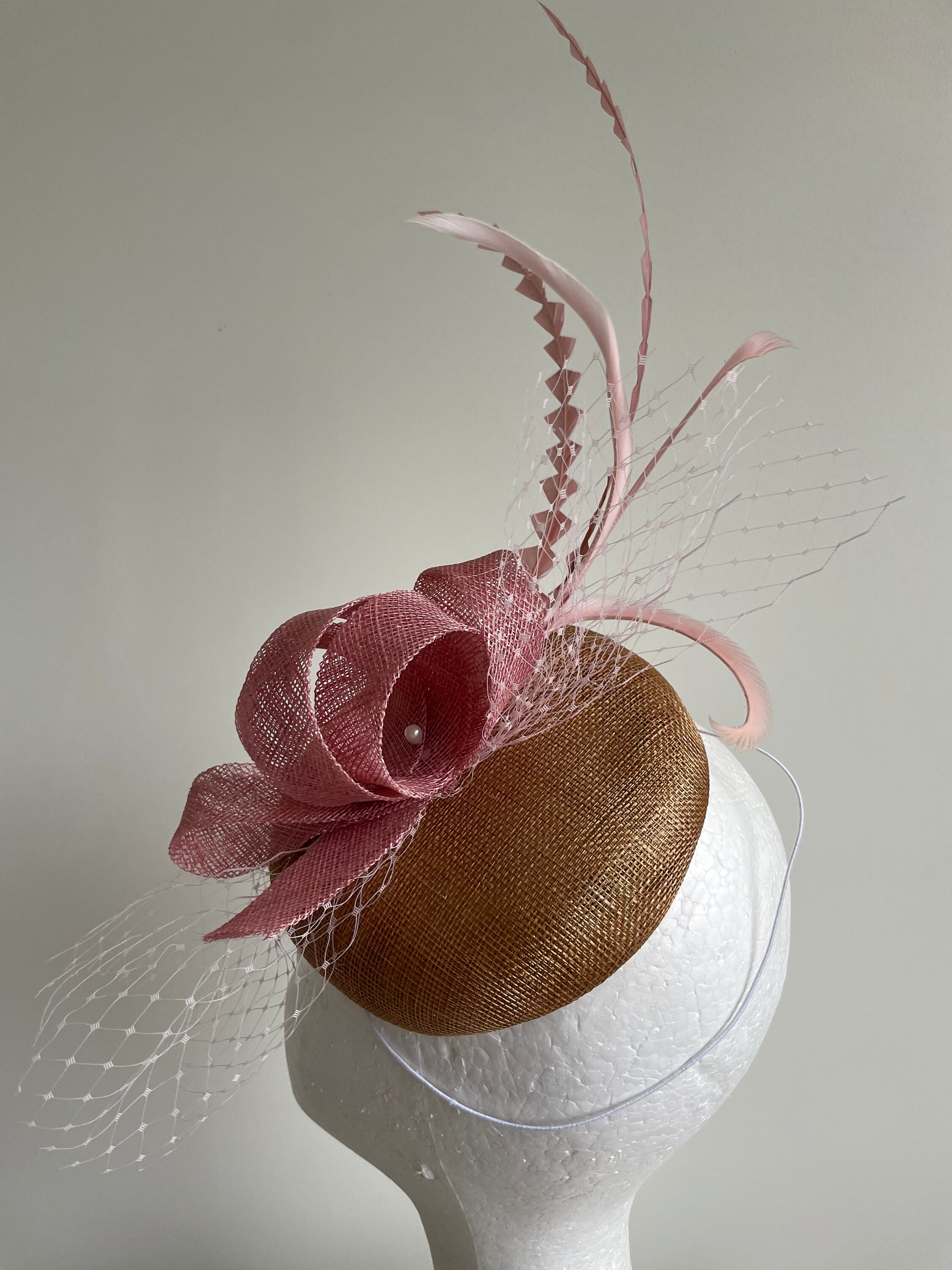 Gold Fascinator With Round Base and Pink Loops, Netting and Feathers ...