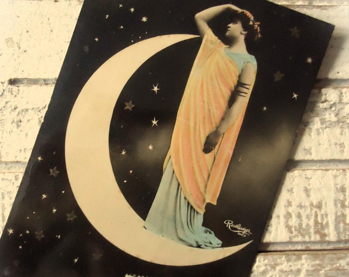 Antique French Paper Moon Postcard - Woman Long Dress, Crescent Moon ...