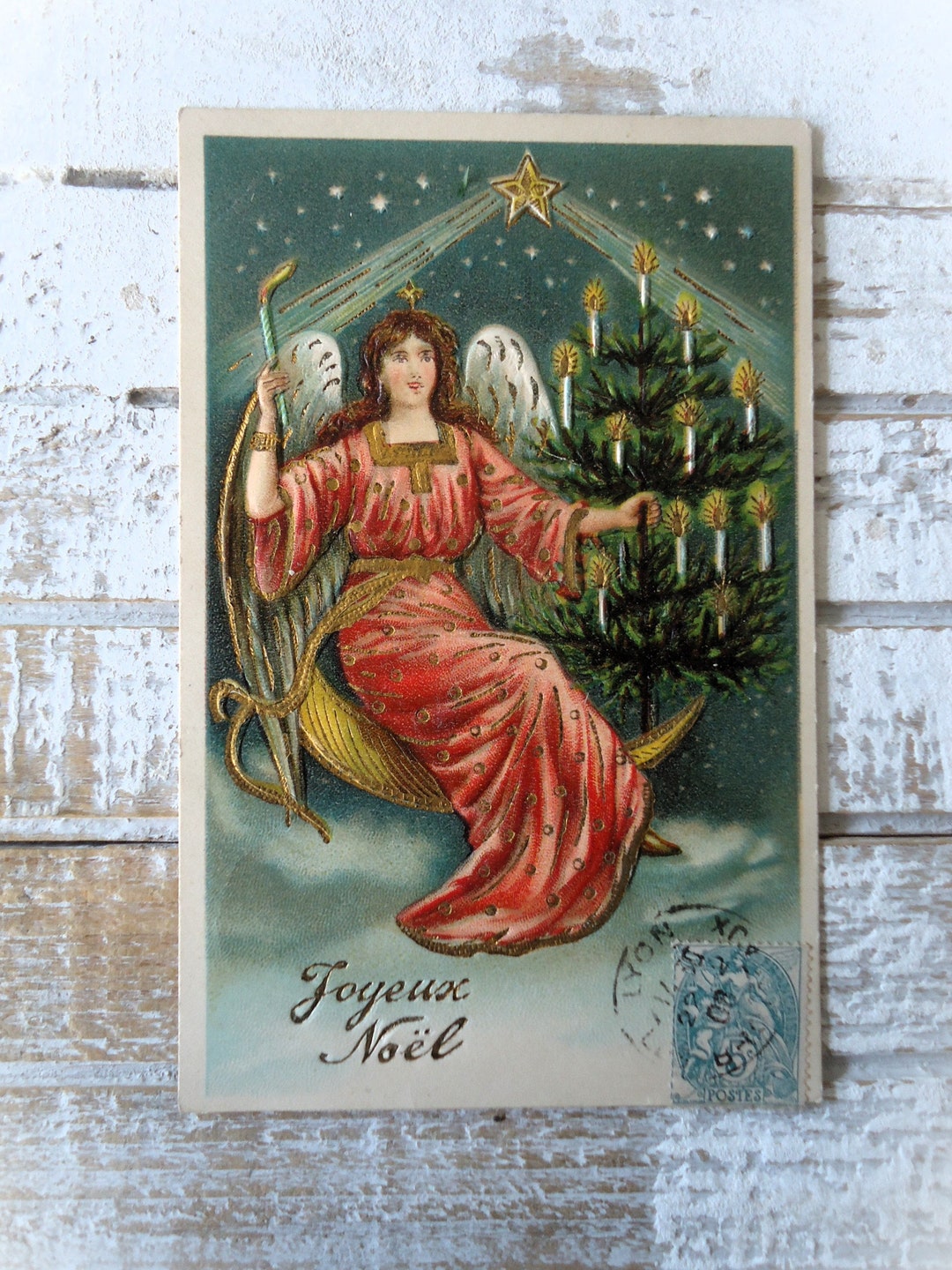 Antique Embossed Angel Postcard Drawing Relief, Gold Crescent Moon, Sky ...