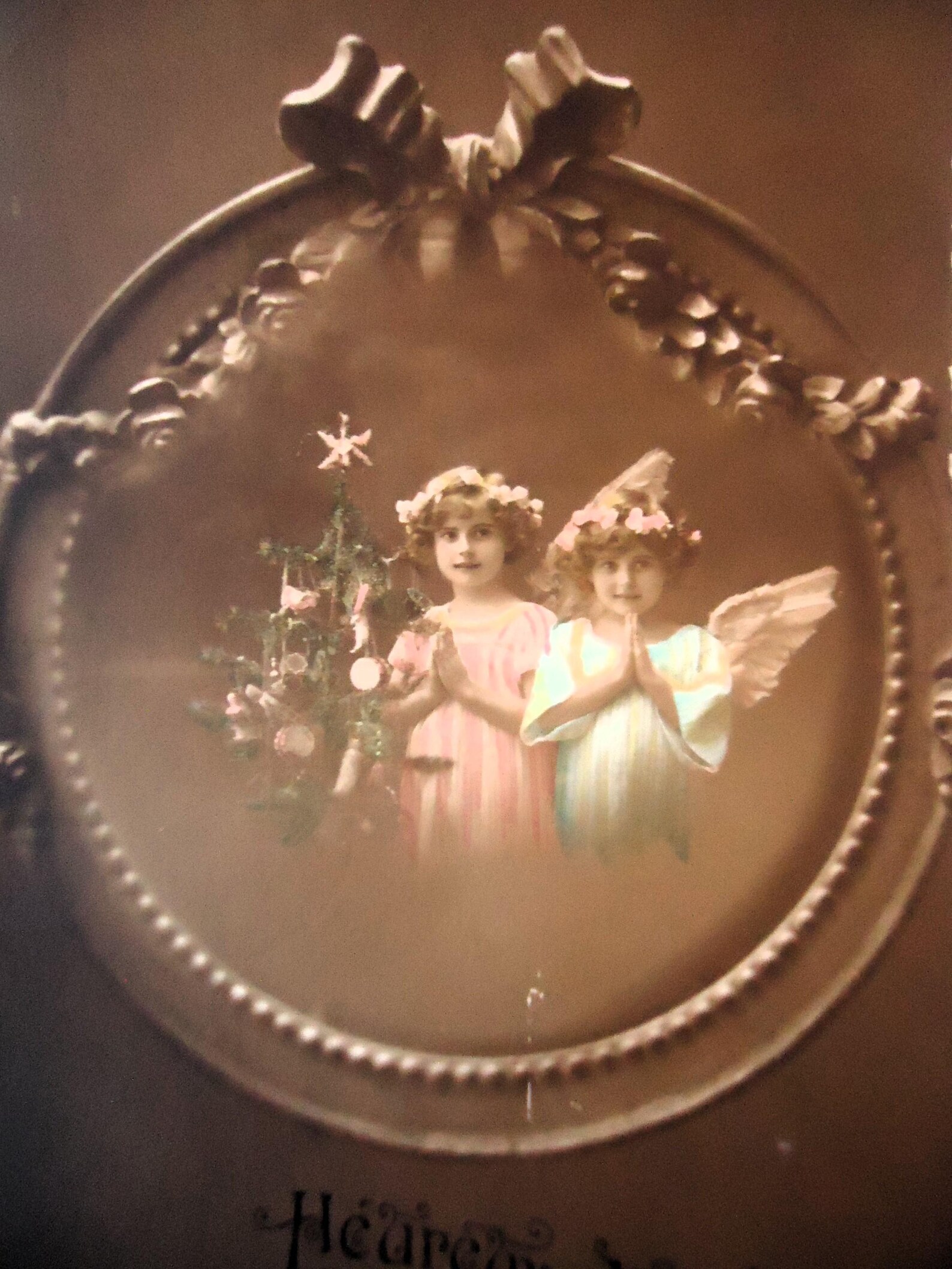 Antique Angel Postcard crease Two Girl Angels Wings, Medaillon Frame ...