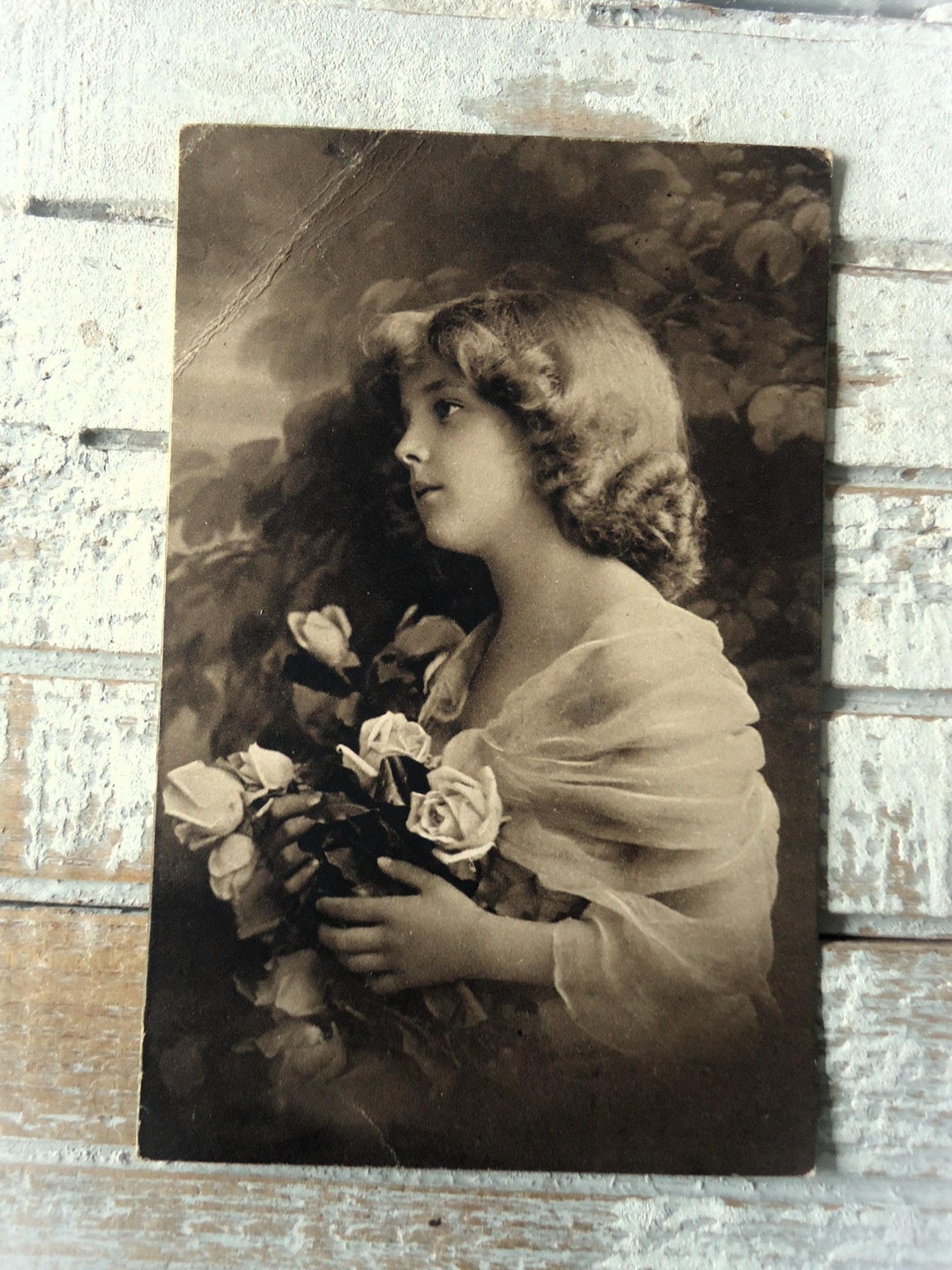 Grete Reinwald Postcard crease Young Girl Edwardian Veil Dress, Flowers Roses, Famous Child ...