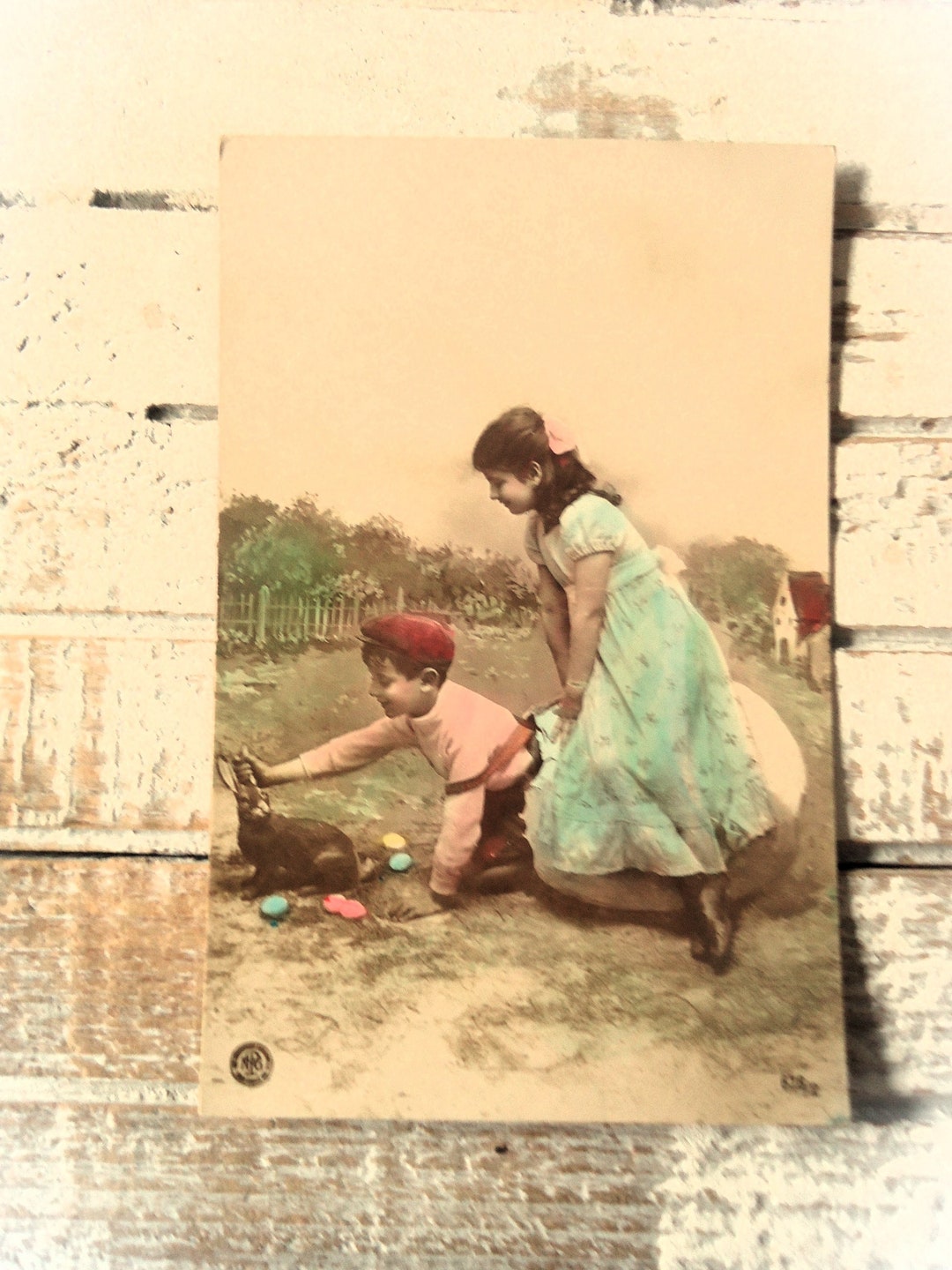 Antique Easter Postcard - Edwardian Boy Girl Lace Dress, Searching Eggs ...