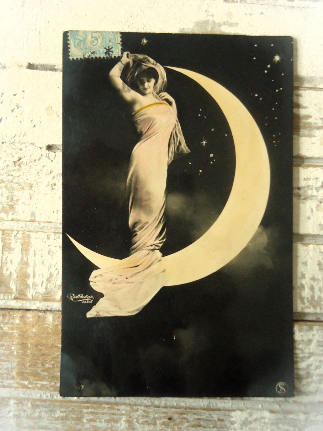 Antique Paper Moon Postcard-crease Woman Sky Night Crescent Moon Stars ...