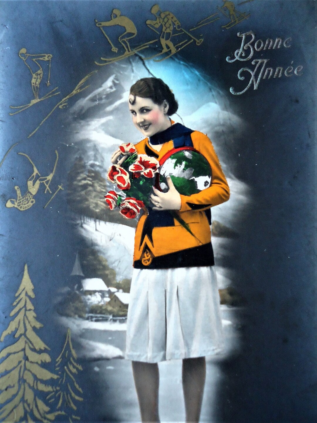 Antique Flapper Postcard Roaring Twenties, Gold Pochoir Stencil Skiing ...