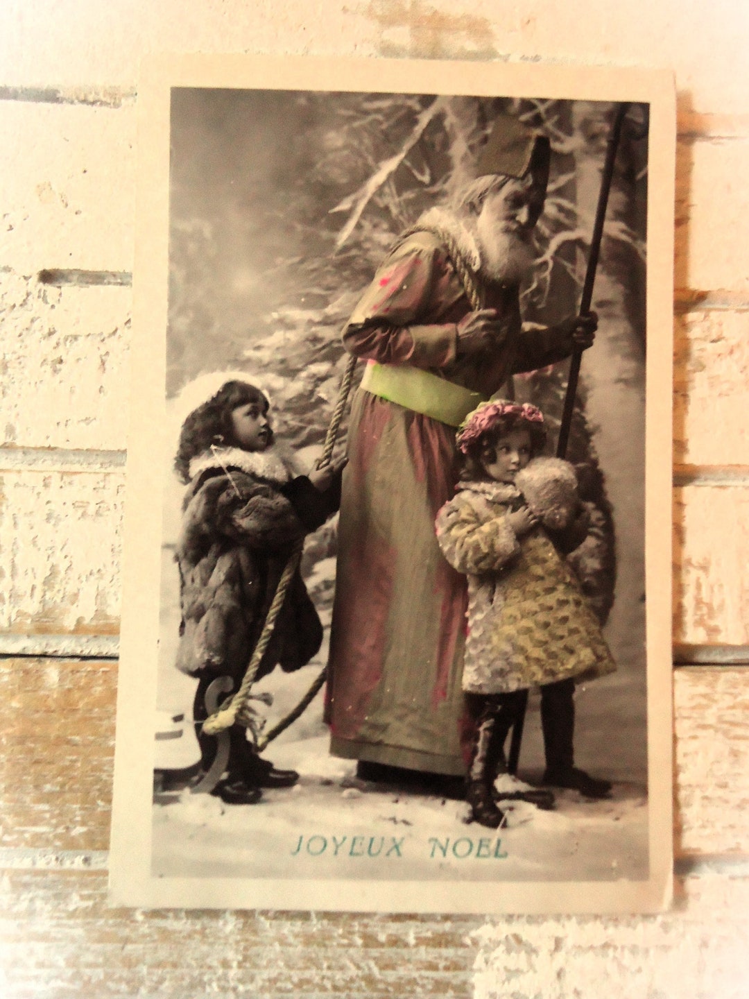 Antique French Christmas Postcard Santa Claus Two Girls - Etsy