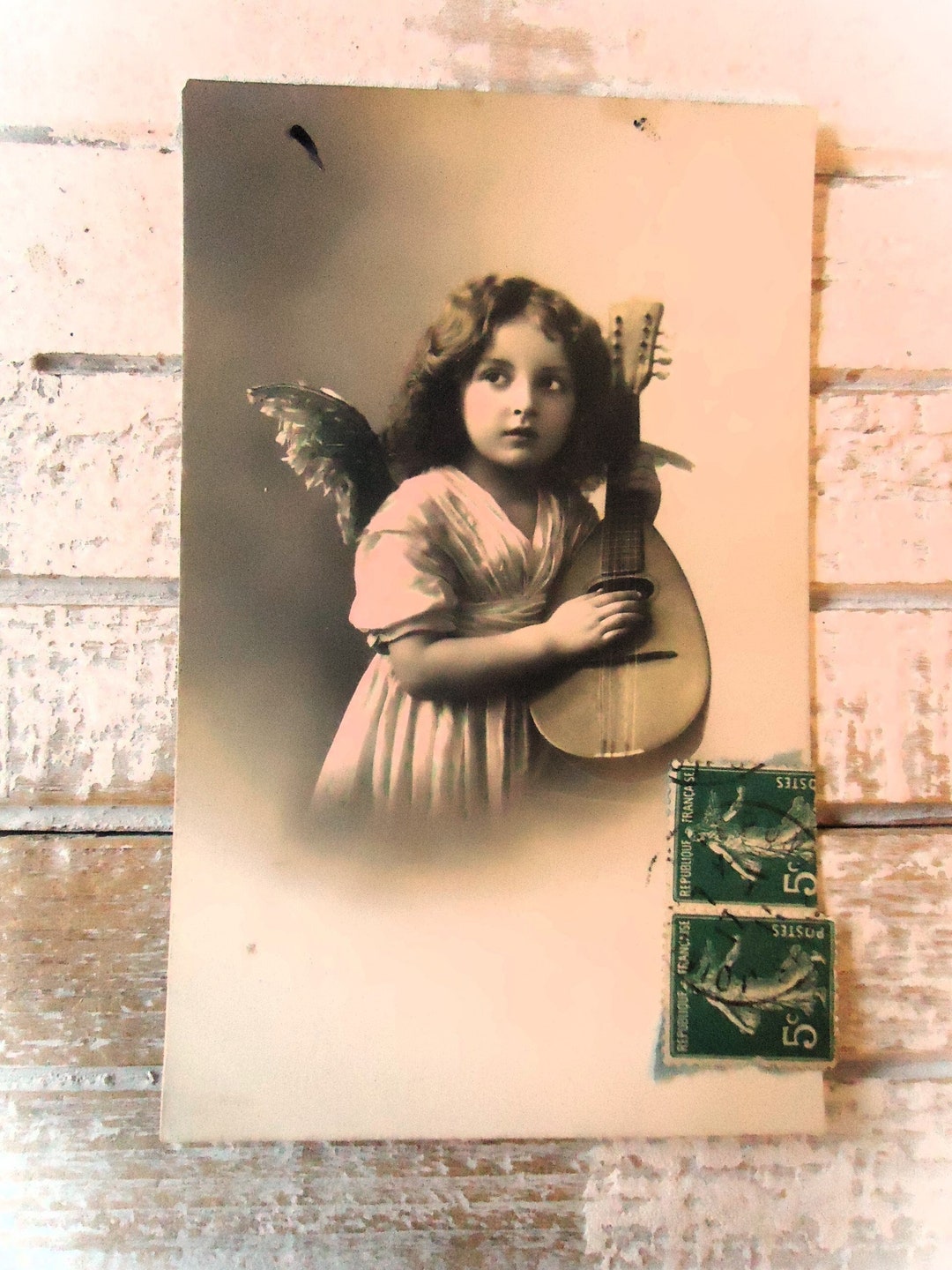 Antique Angel Postcard Little Girl Child, Wings Gown, Mandolin Music ...