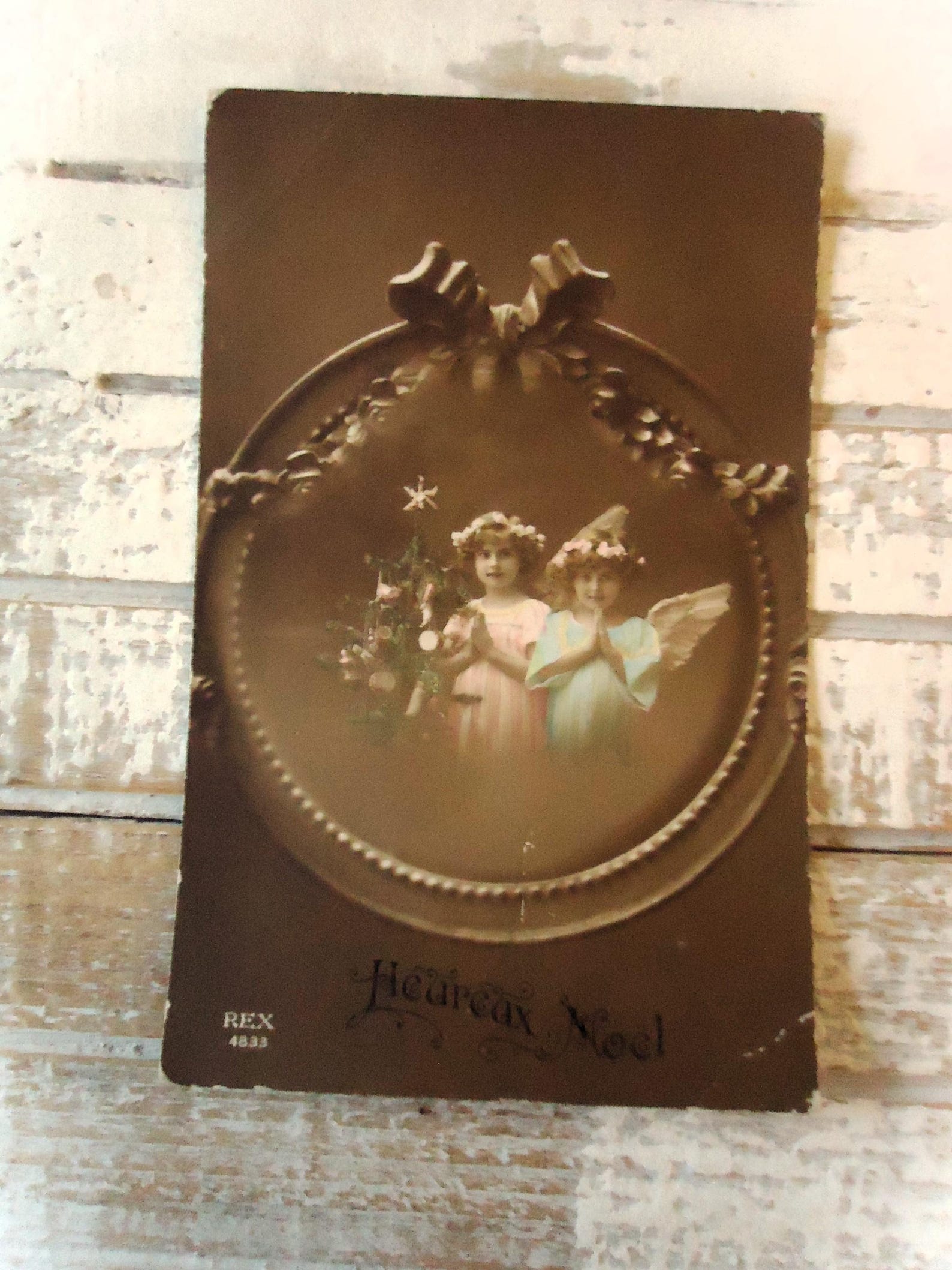Antique Angel Postcard crease Two Girl Angels Wings, Medaillon Frame ...