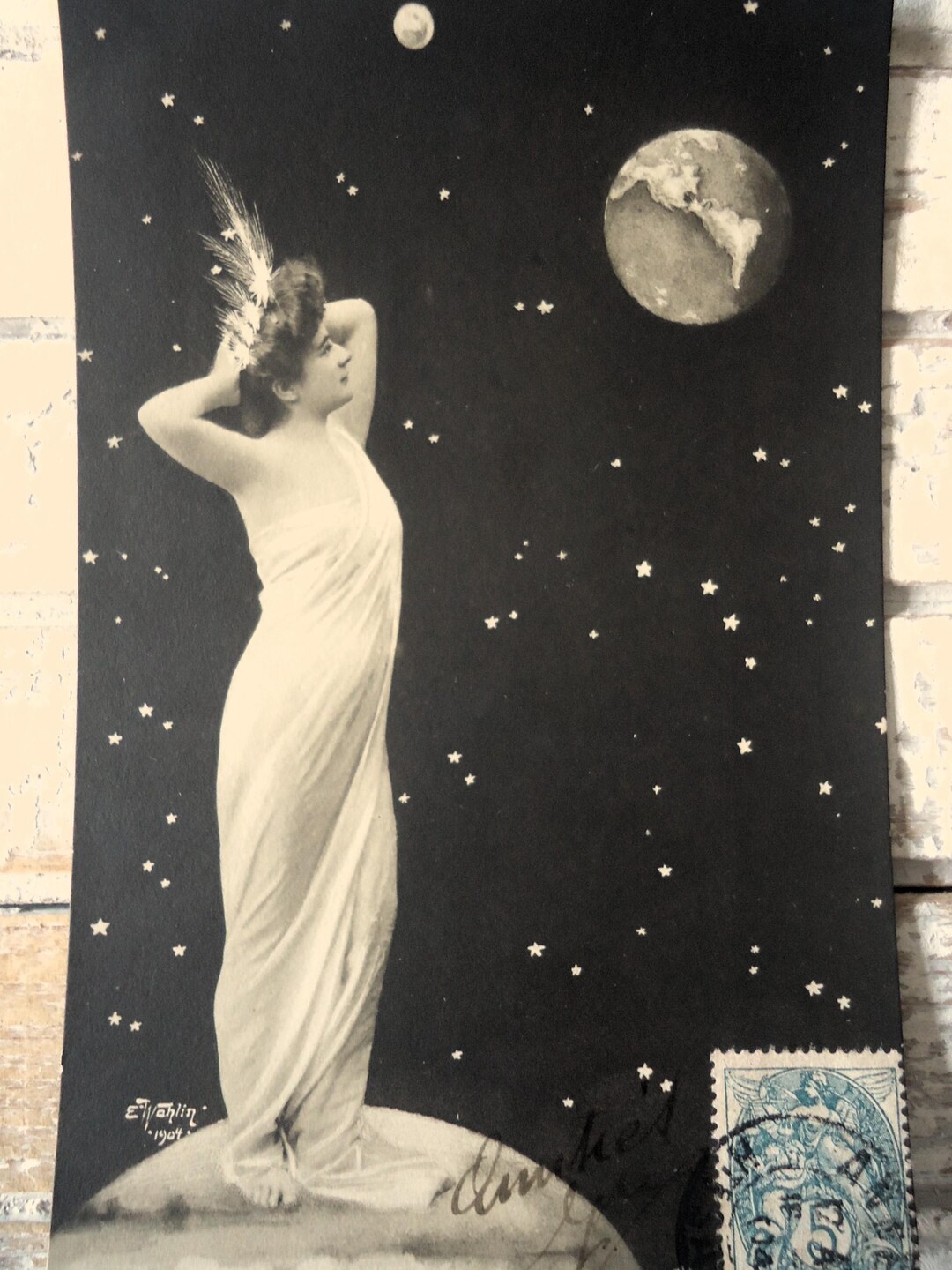 Antique French Paper Moon Postcard - Woman Long Dress Crown Goddess ...