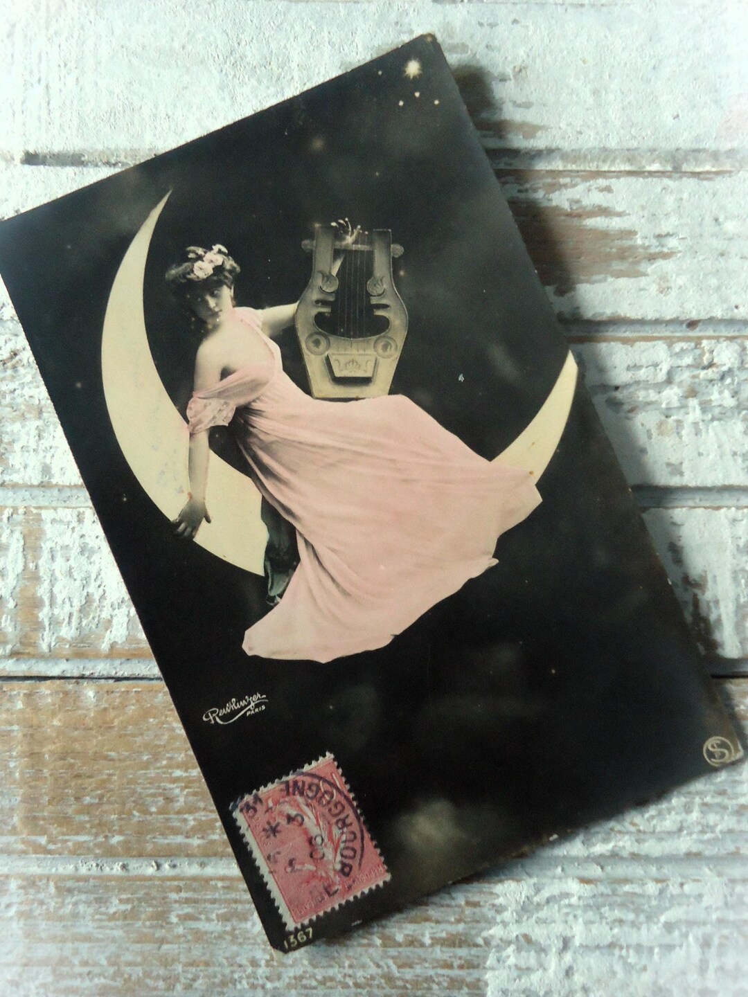 Antique Paper Moon Postcard Woman Clouds Sky Crescent Moon, Edwardian ...
