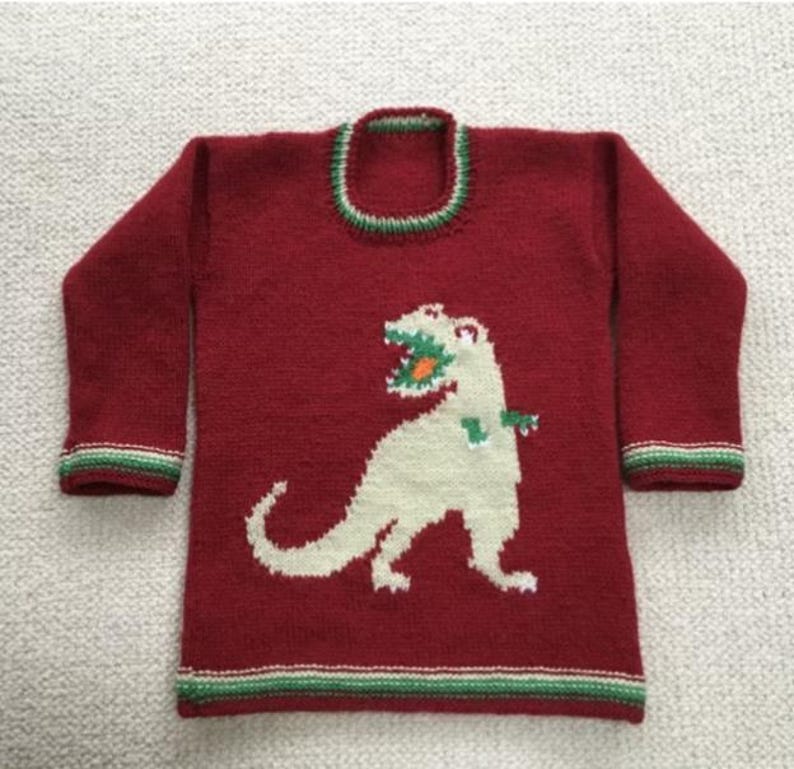 Dinosaur Sweater Knitting Pattern: T-rex Design, Child Sizes 2-7 Yrs ...