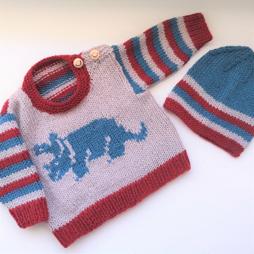Knitting Pattern Dinosaur Baby Sweater and Hat, Triceratops Dinosaur ...
