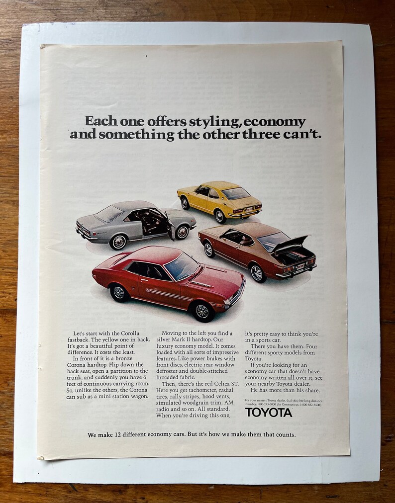 Toyota Corolla Automobile Original 1970s Vintage Print Ad - Etsy