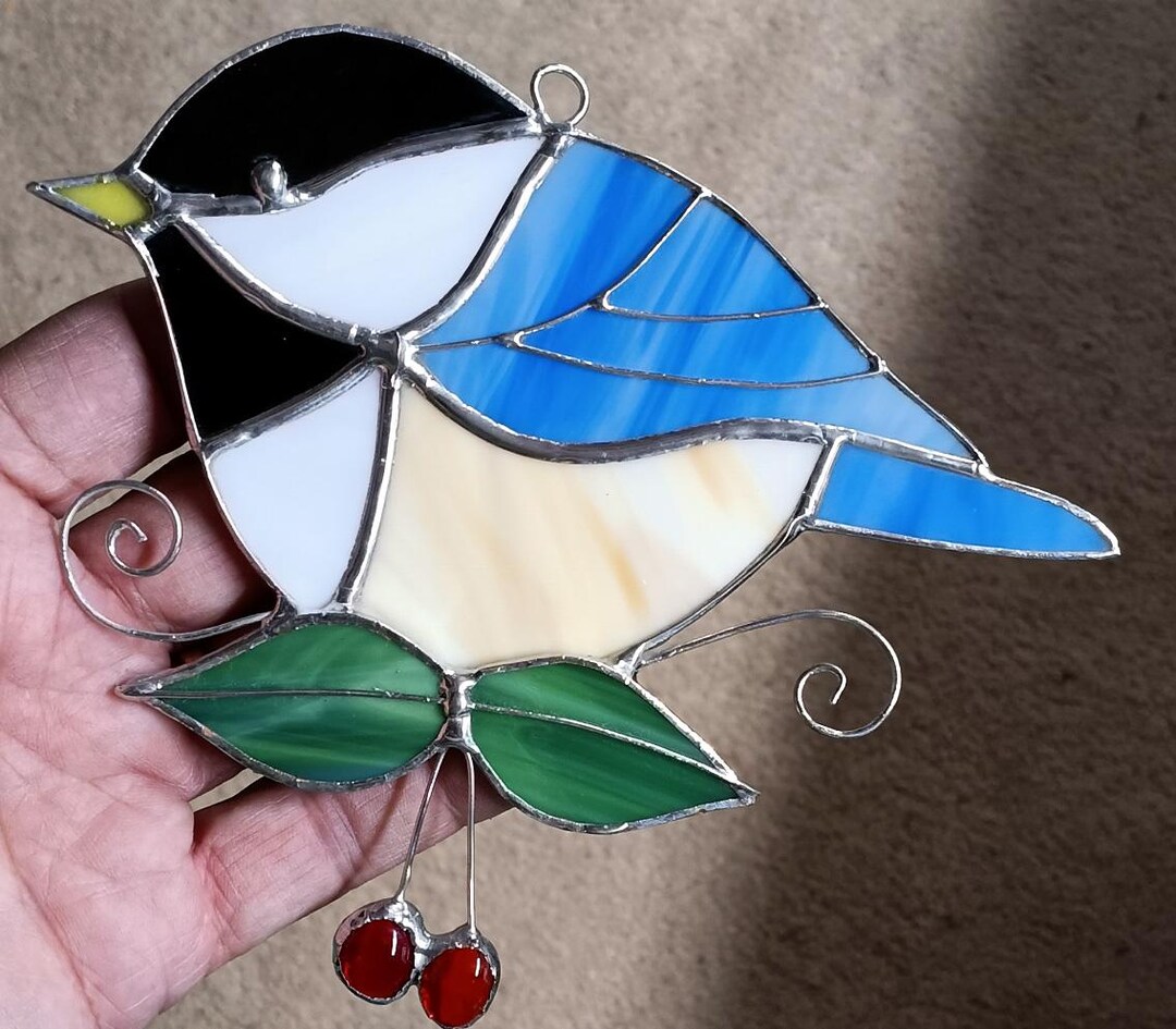 Stained Glass Blue, Beige, Black White Bird. Made in Michigan, Genuine ...