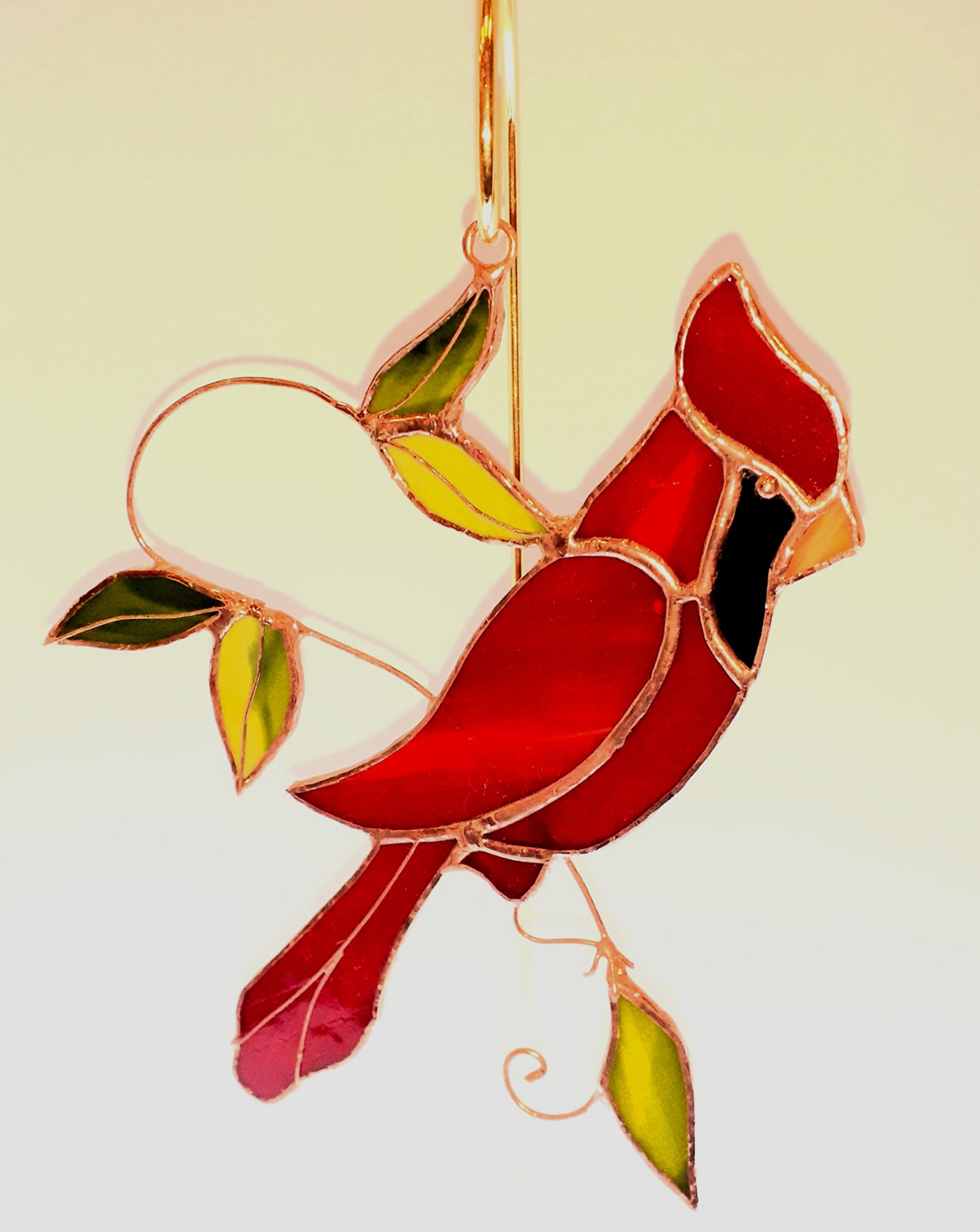 Stained Glass Red Male Cardinal on Vine With Leaves. Hand Made - Etsy