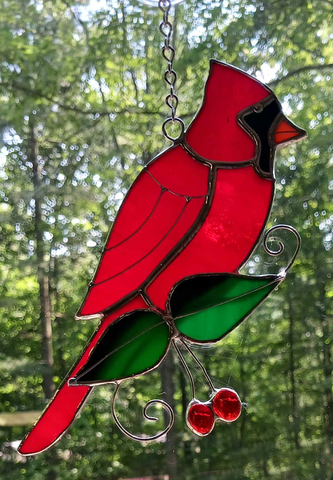 Stained Glass Red Cardinal Suncatcher With Green Leaves and - Etsy