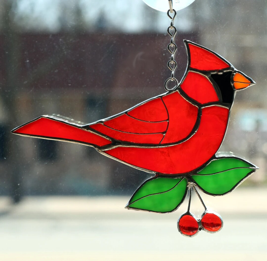 Stained Glass Cardinal With Green Leaves and Berries. Red Cardinal /red ...
