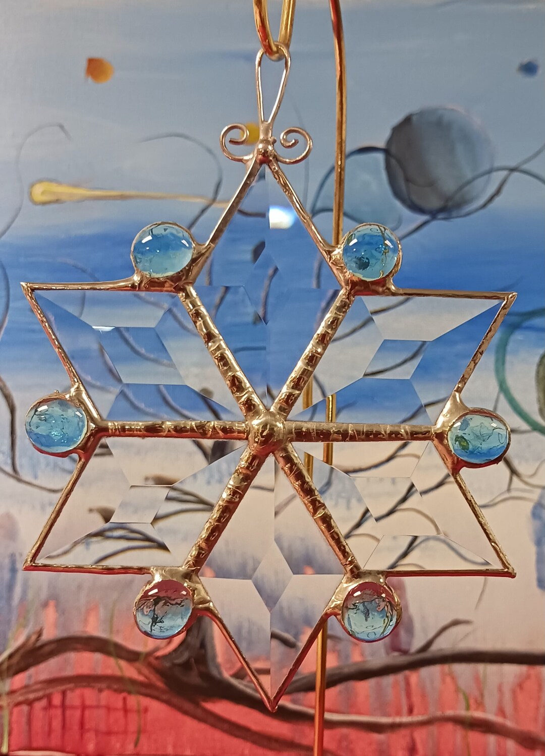Glass Bevel Star/snowflake With Light Blue Glass Nuggets Suncatcher. - Etsy