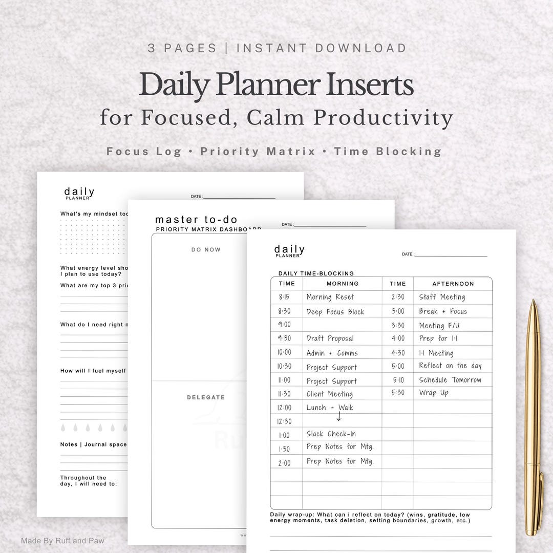 Daily Planner Printable PDF Set | Priority Matrix + Time Blocking ...
