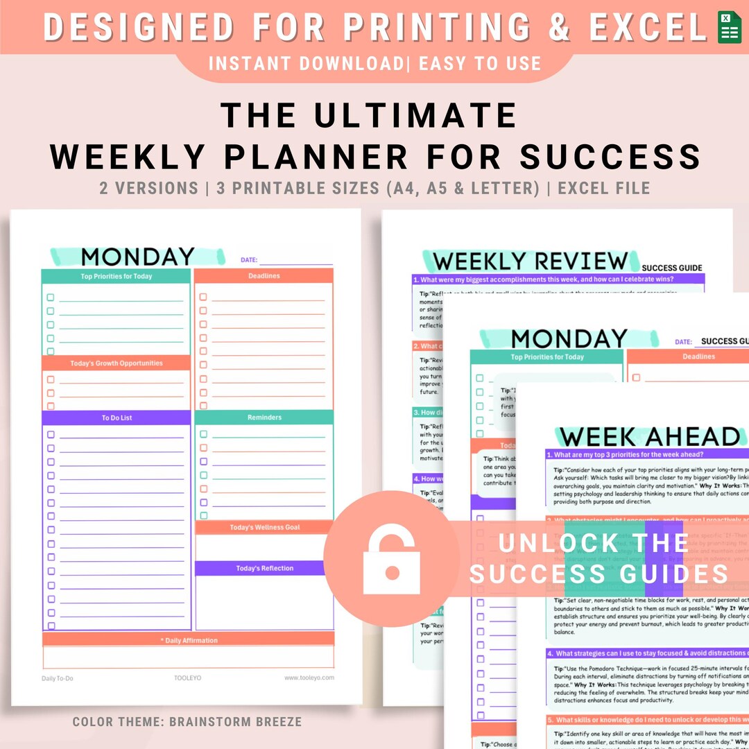 Work Planner Excel, A5 Weekly Planner, Tasks Planner Excel, Daily ...