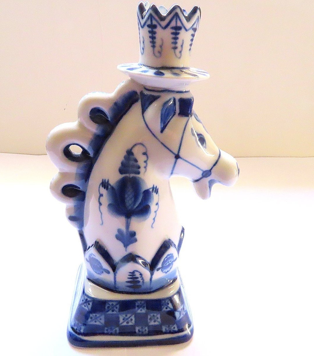 Vintage Gzhel Horse Candlestick, Russian Hand-painted Porcelain, 1980s ...