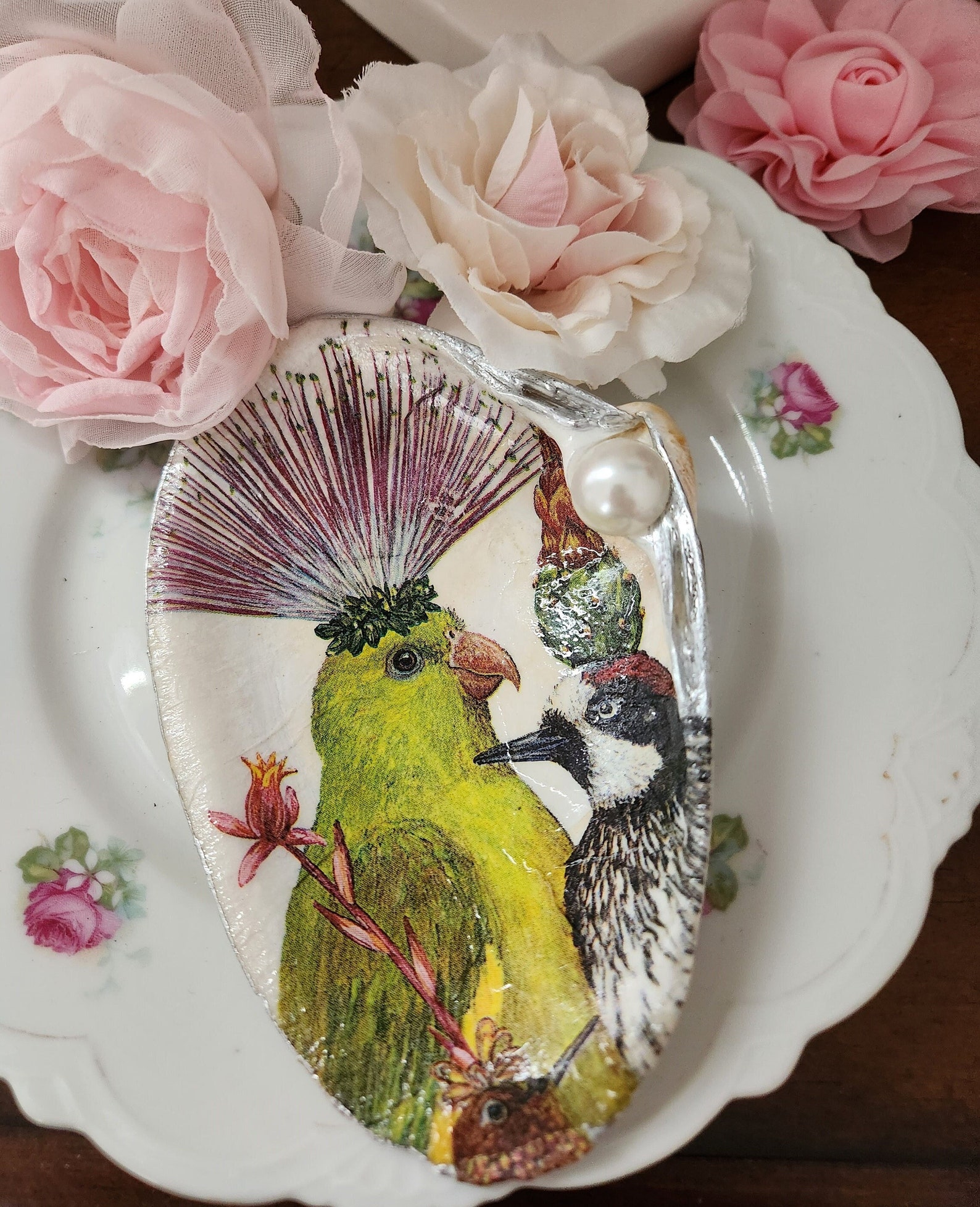 Large Clam Shell Bird Decoupage Dish Trinket Dish - Etsy