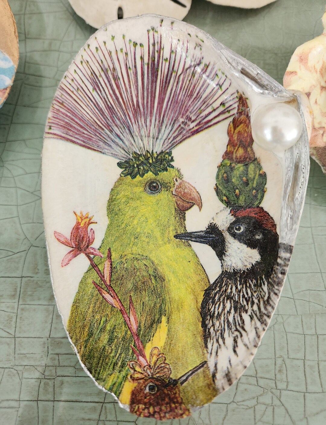 Large Clam Shell, Bird Decoupage Dish, Trinket Dish, Father's Day, Home ...