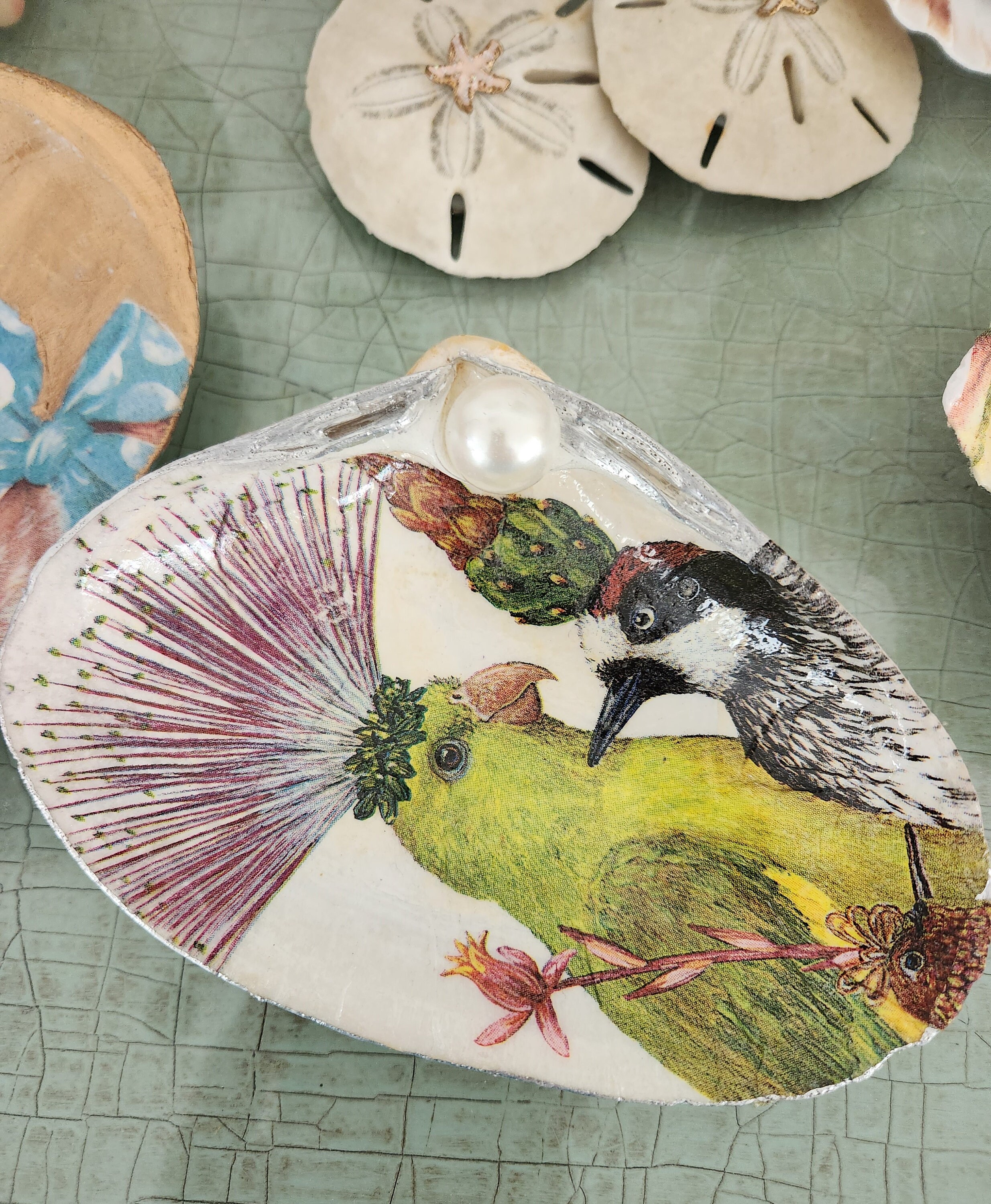 Large Clam Shell, Bird Decoupage Dish, Trinket Dish, Father's Day, Home ...