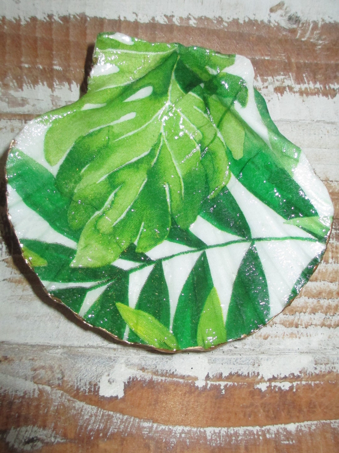 Decoupage Palm Leaf Scallop Shell Ring Dish Jewelry Dish - Etsy