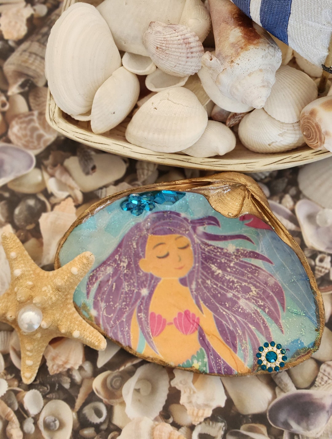 Swimming Mermaid, Decoupage Clam Shell, Ring Dish, Mermaid Dish, Beach ...
