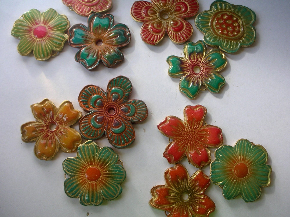 3 Handmade Polymer Clay Faux Enamel Beads Flowers Beads - Etsy