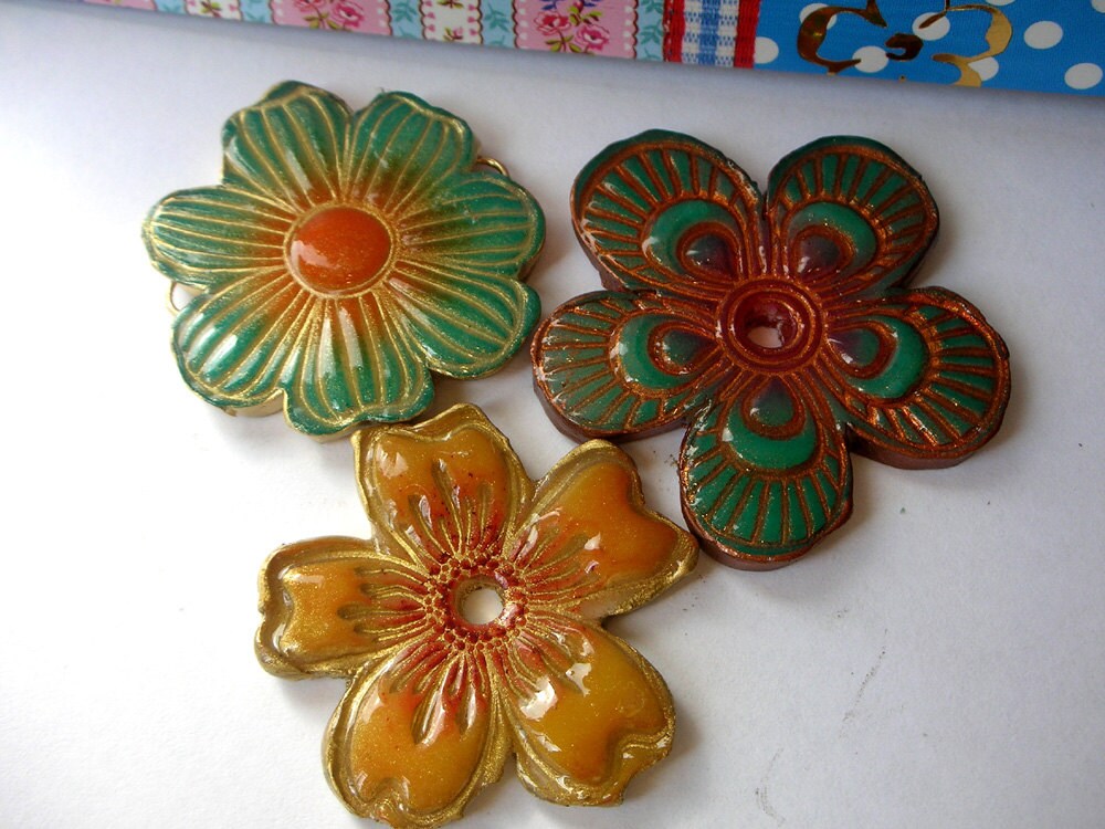 3 Handmade Polymer Clay Faux Enamel Beads Flowers Beads - Etsy