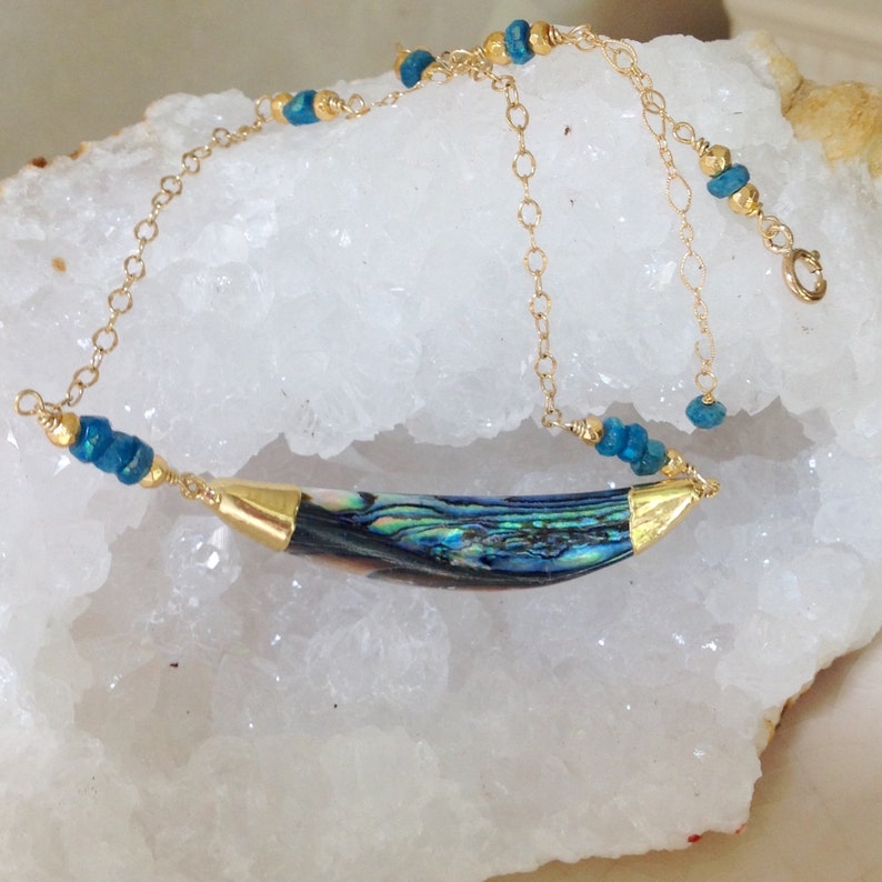 Gold Edged Abalone Shell Bar Necklace With Gold Chain and Chrysocolla ...