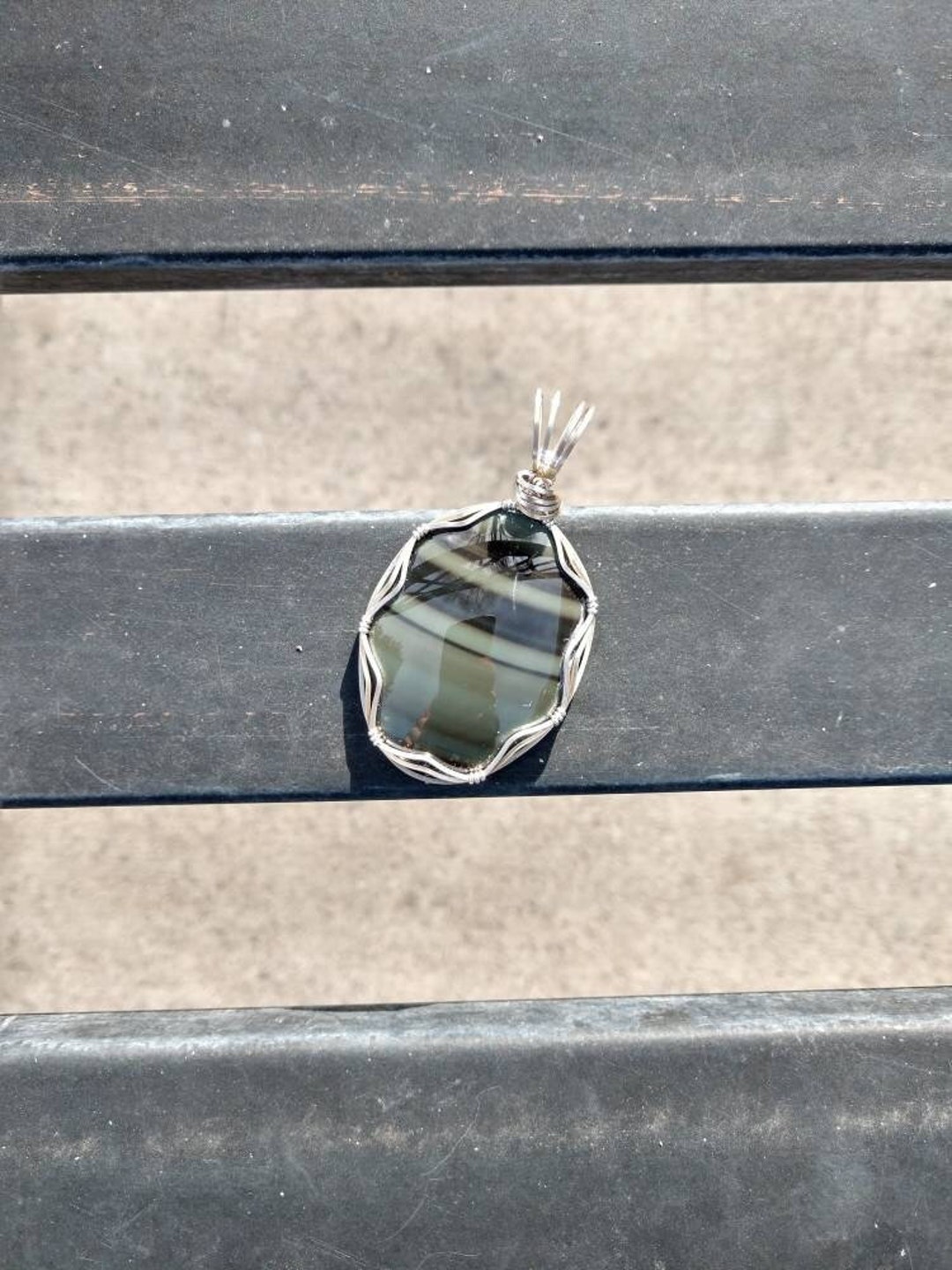 Grey Banded Obsidian Pendant, Wrapped in Sterling Silver Wire - Etsy