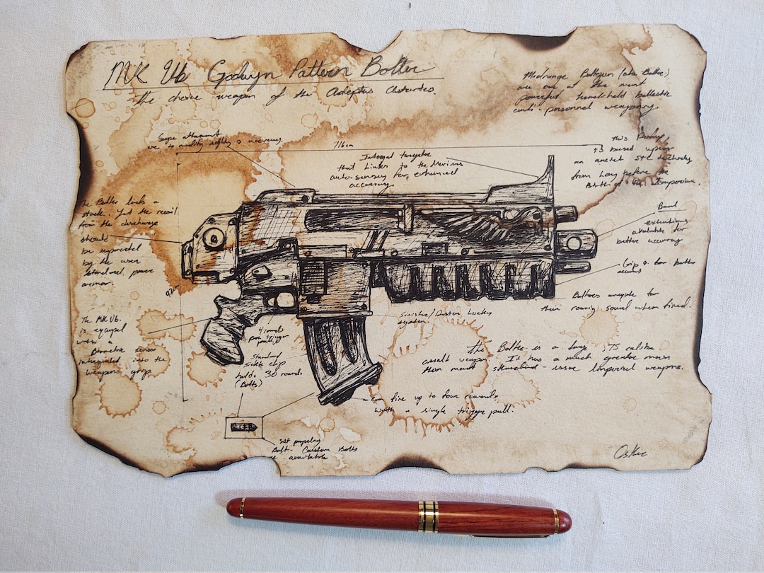 Warhammer 40k Godwyn Bolter Diagram Antique Journal Style ORIGINAL WORK ...
