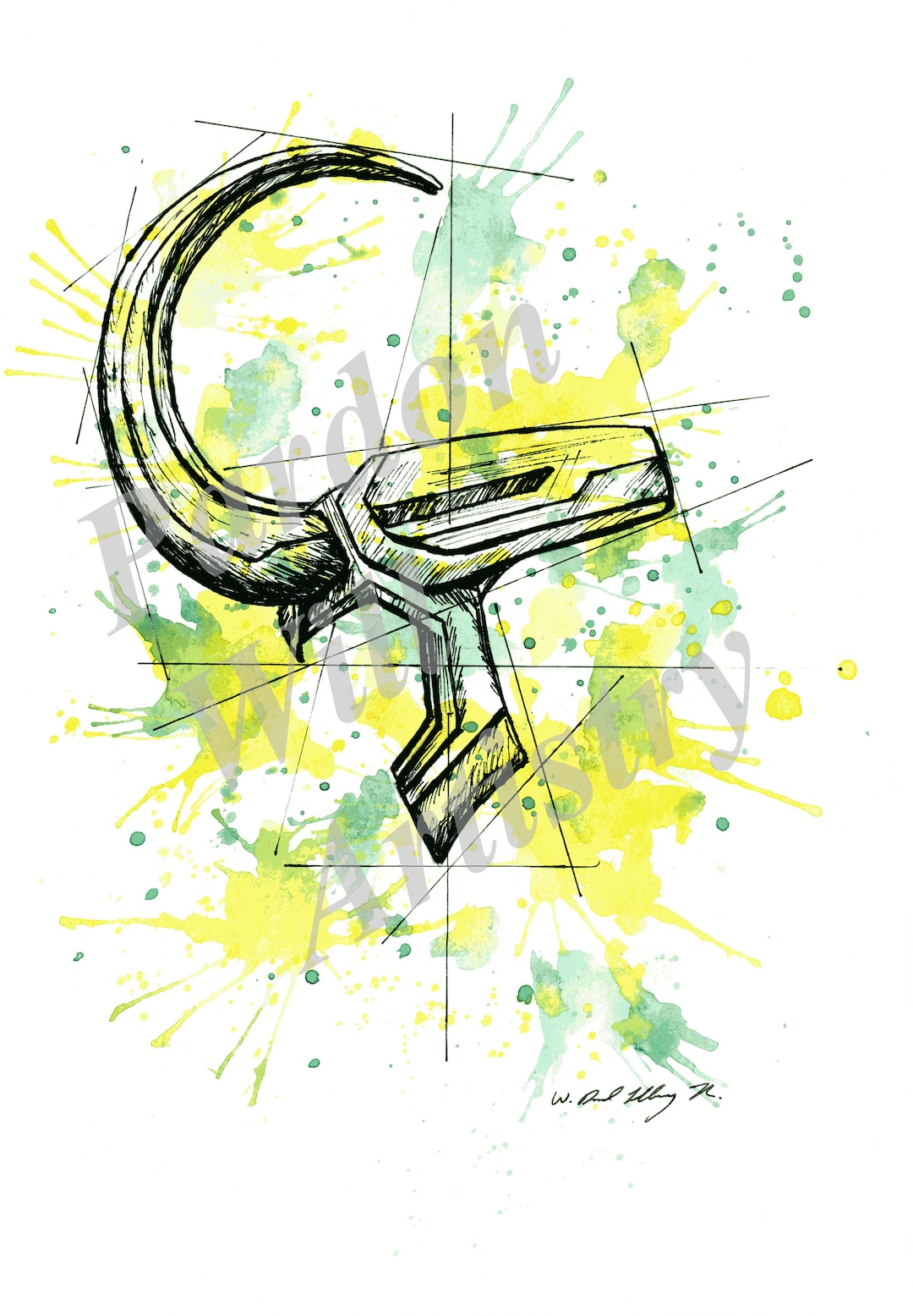 Loki Helmet - Helm Series - Water Color and Ink Print - Etsy