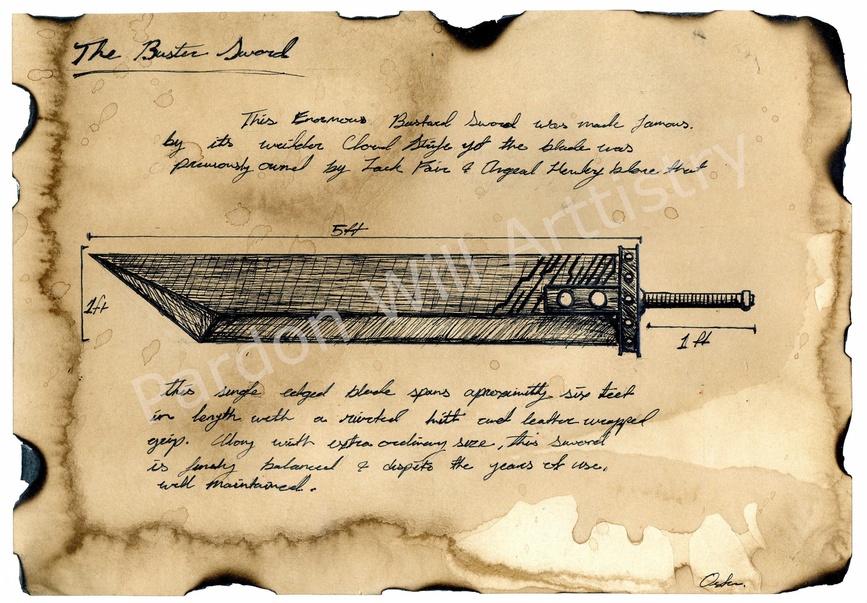 Final Fantasy Buster Sword Sketch - Antique Journal Style Print - Etsy