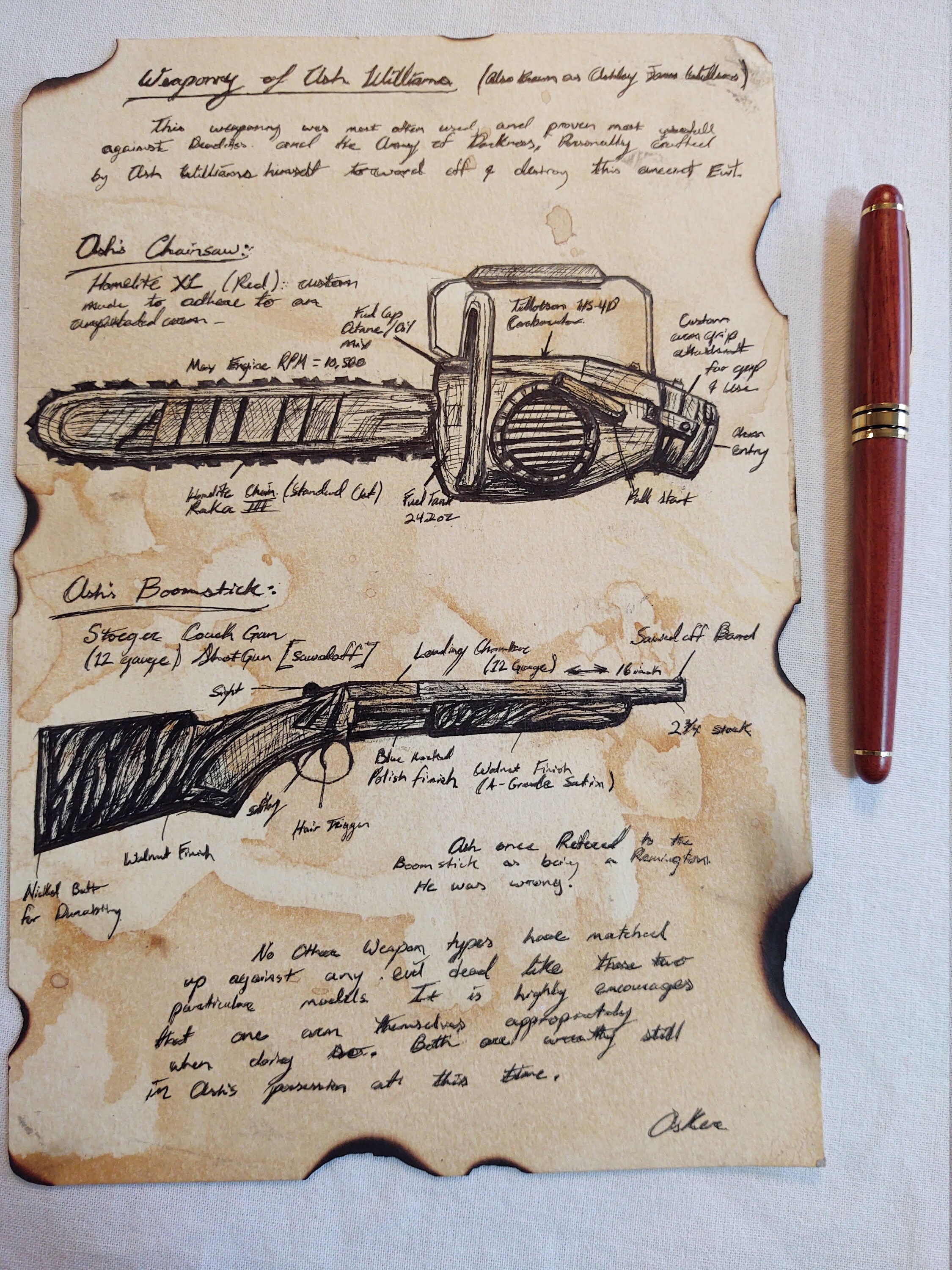 Ash Williams of Evil Dead Weapons Notes - Antique Journal Style ...