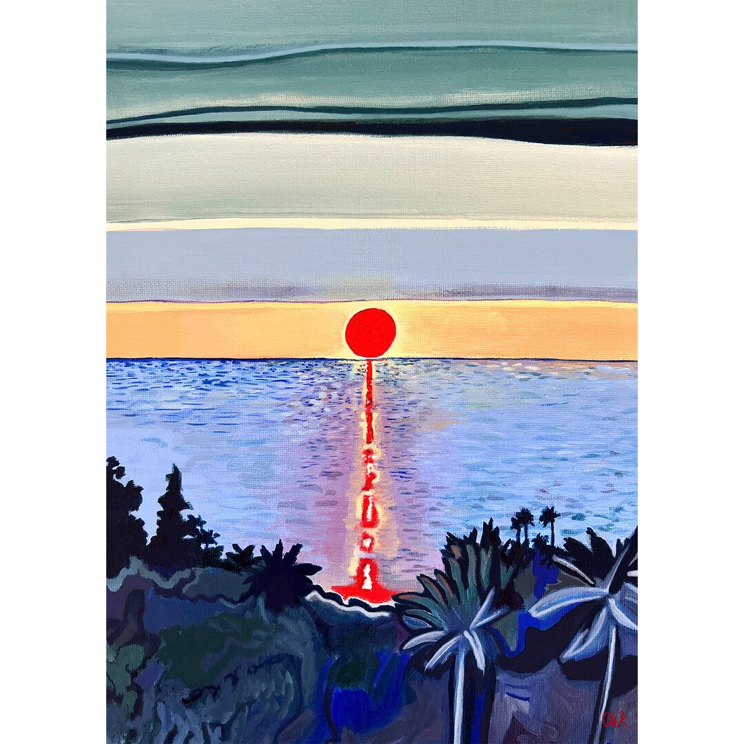 Art Paper Print of a Red Setting Sun. Colorful Beach Wall Art. Coastal ...