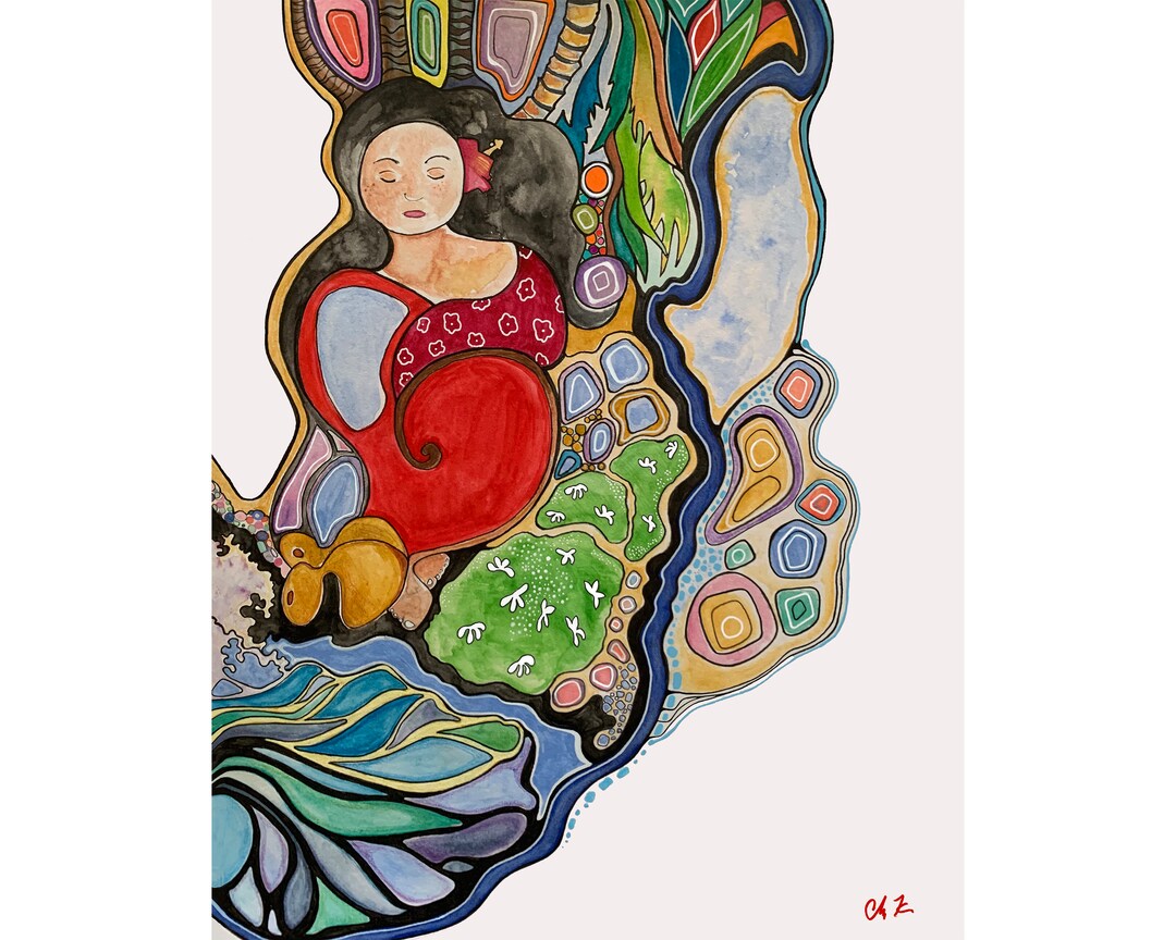 Abstract Art Print of a Woman in Red Sitting by the Seashore. Bold ...