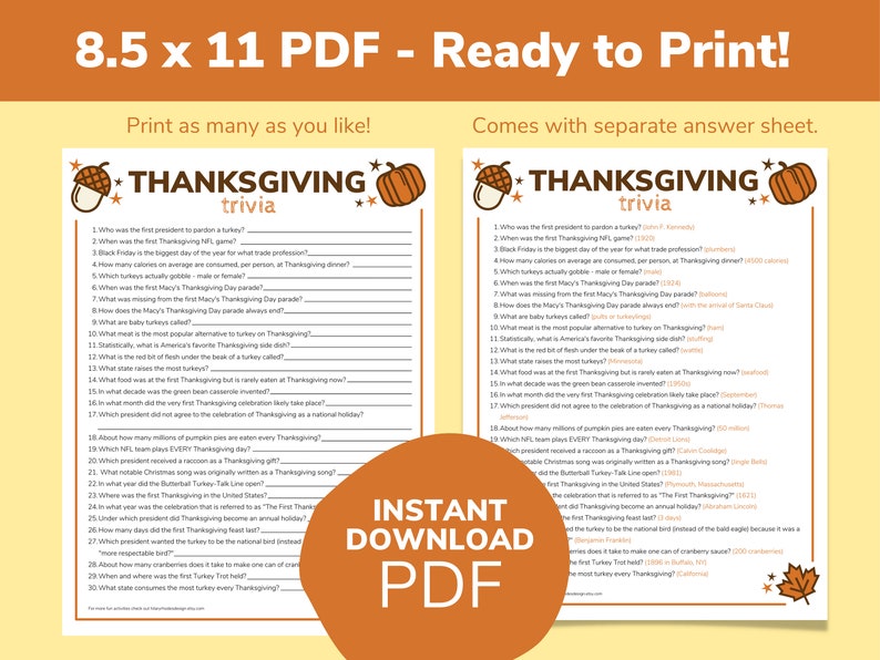 Thanksgiving Trivia Game / Printable Thanksgiving Activity / Fun ...
